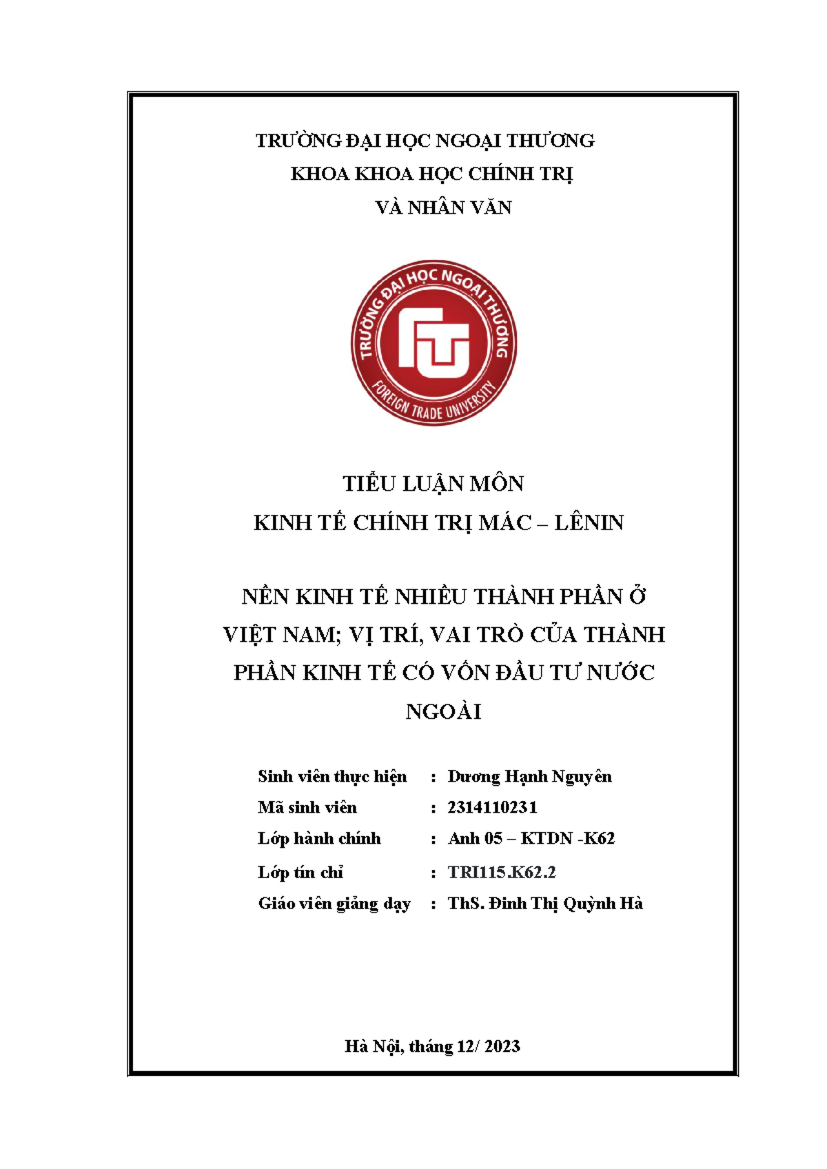 Tiểu luận KTCT - Tiểu luận KTCT - TRƯỜNG ĐẠI HỌC NGOẠI THƯƠNG KHOA KHOA ...