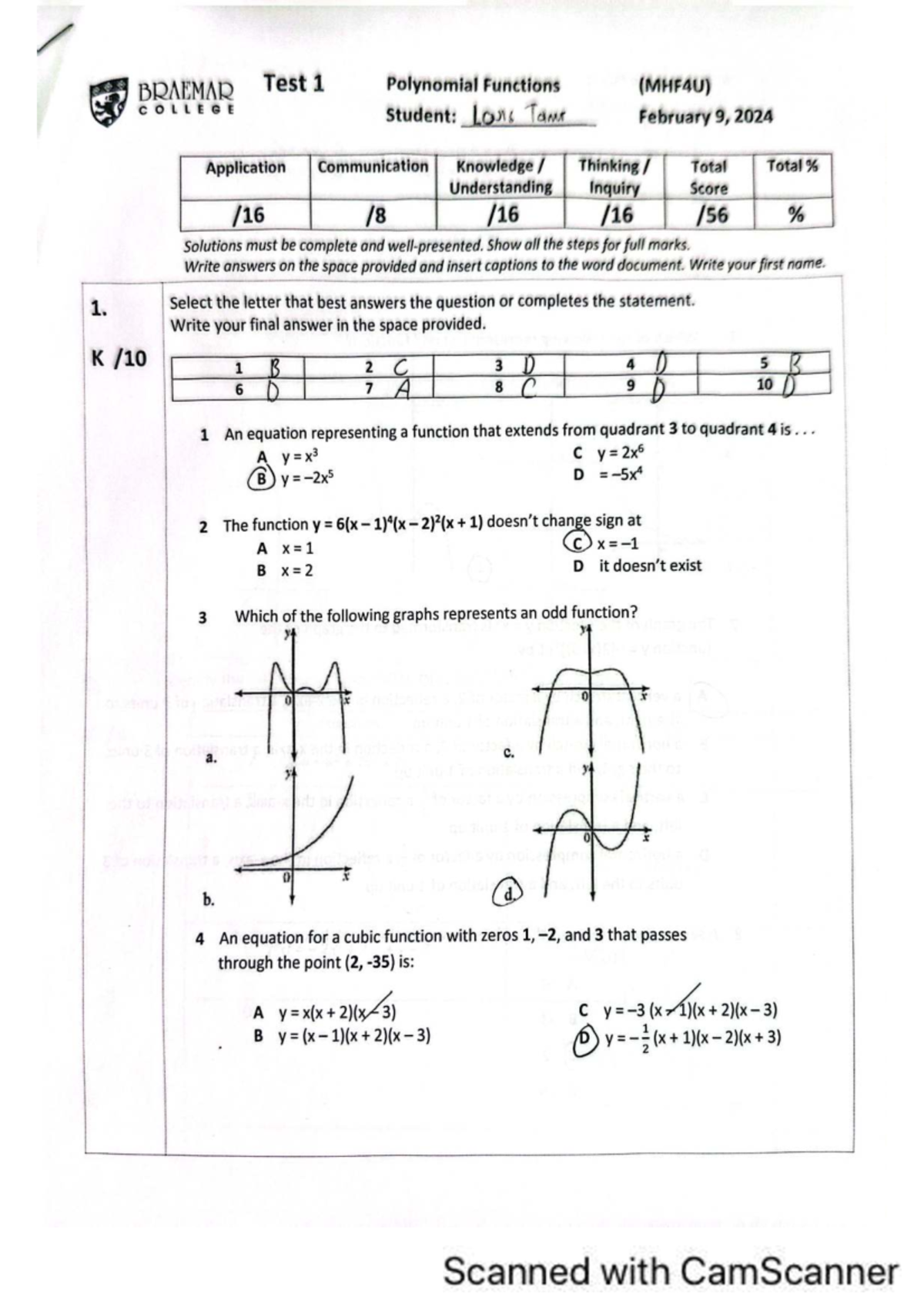 MHF4U Polynomial Functions Test 1 Solutions and Key Features - Studocu