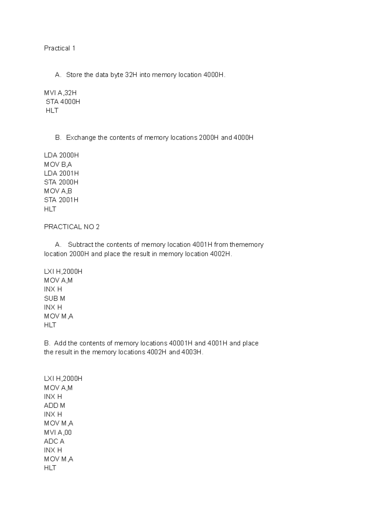 Microprocessor Practical Exercises: Hex Manipulation & BCD Operations ...