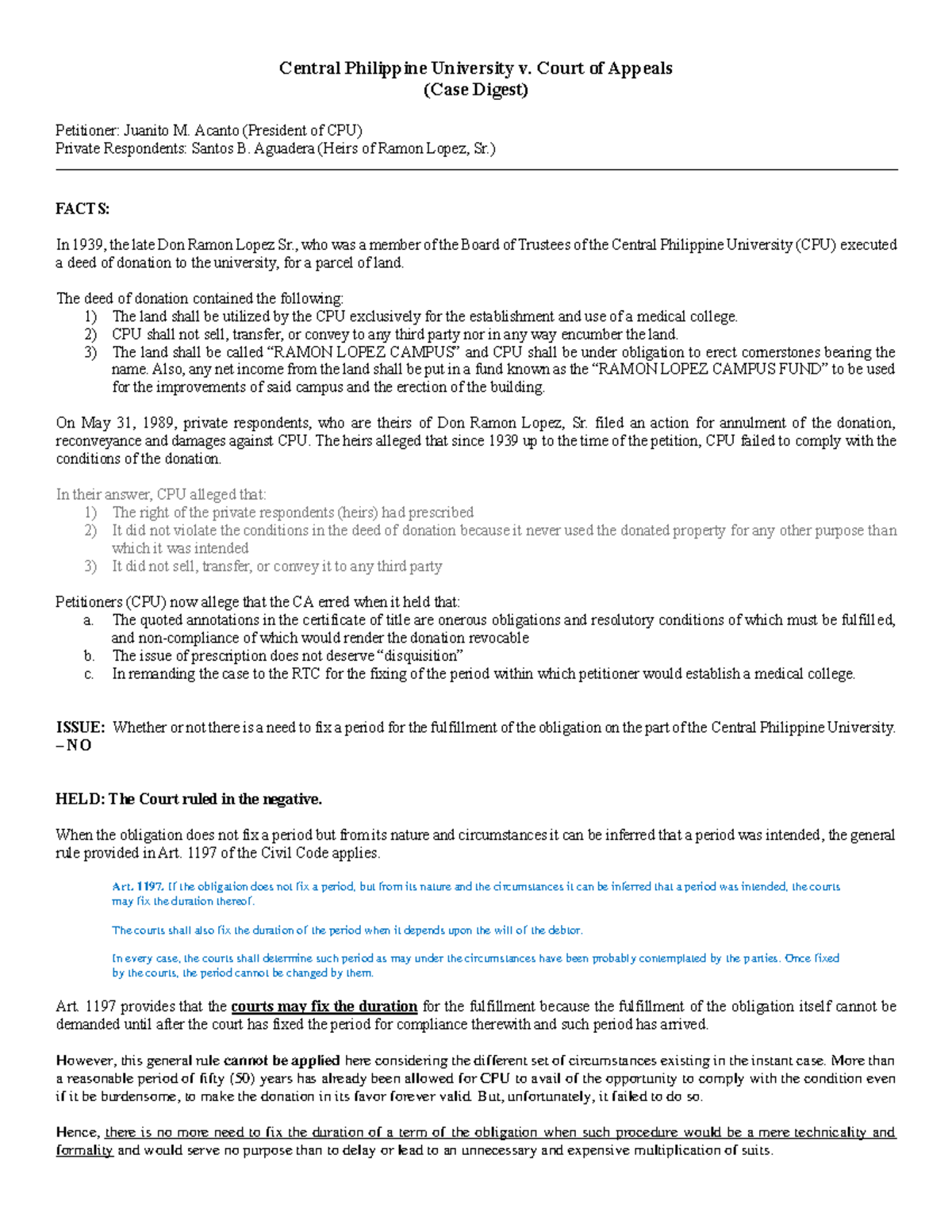 Case Digest: Central Philippine University v Court of Appeals (Civil ...