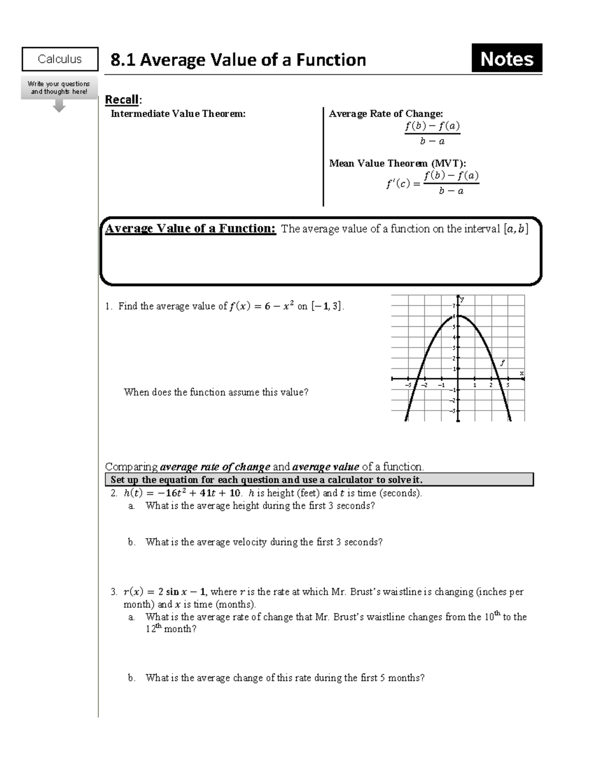 Calculus 8: Notes on Average Value of a Function - Studocu