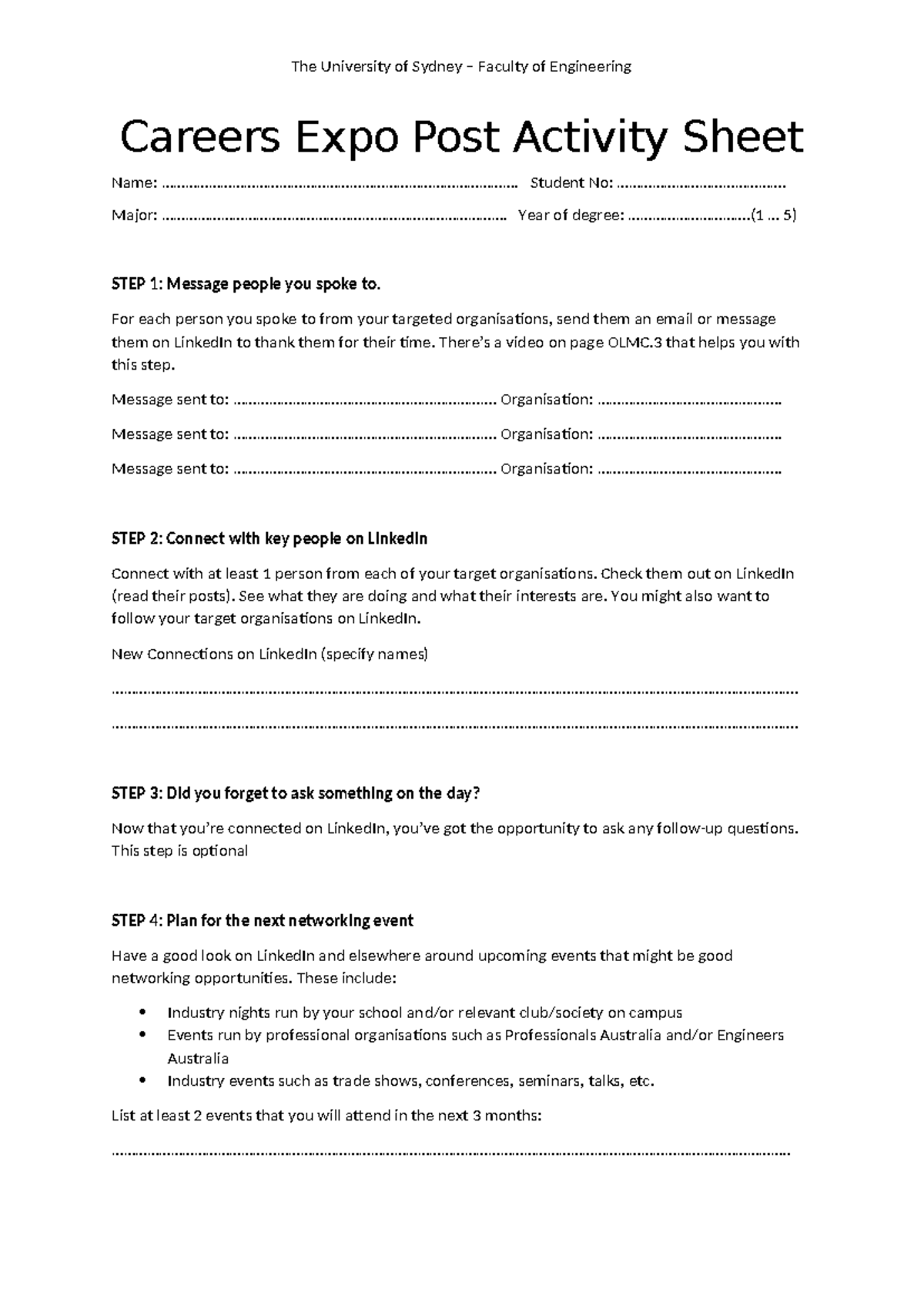 Career Expo Worksheet (Full) - Post-Event Activity & Prep Guide - Studocu