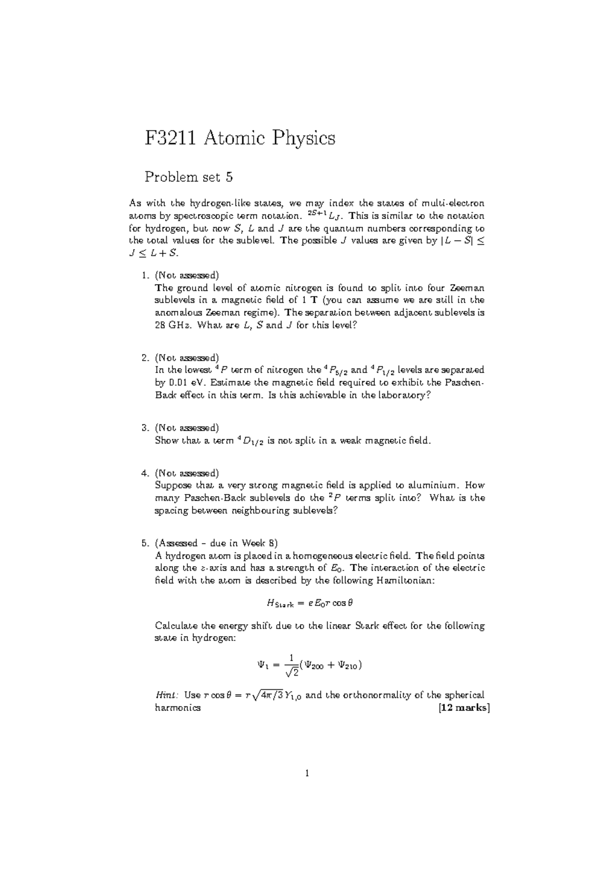 F3211 Atomic Physics Problem Set 5: Zeeman and Stark Effects - Studocu