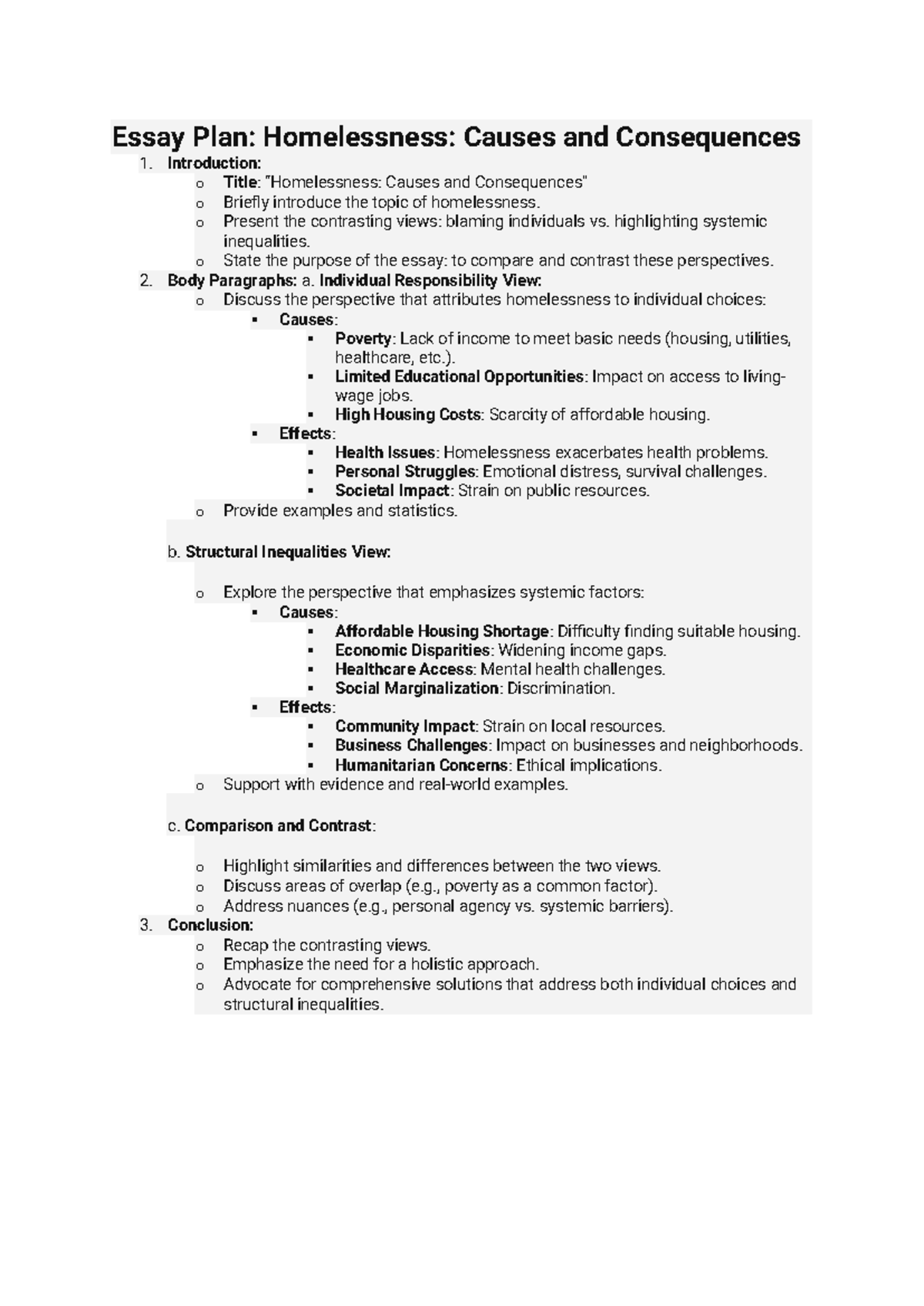 Essay Plan: Homelessness - Causes & Consequences Analysis - Studocu
