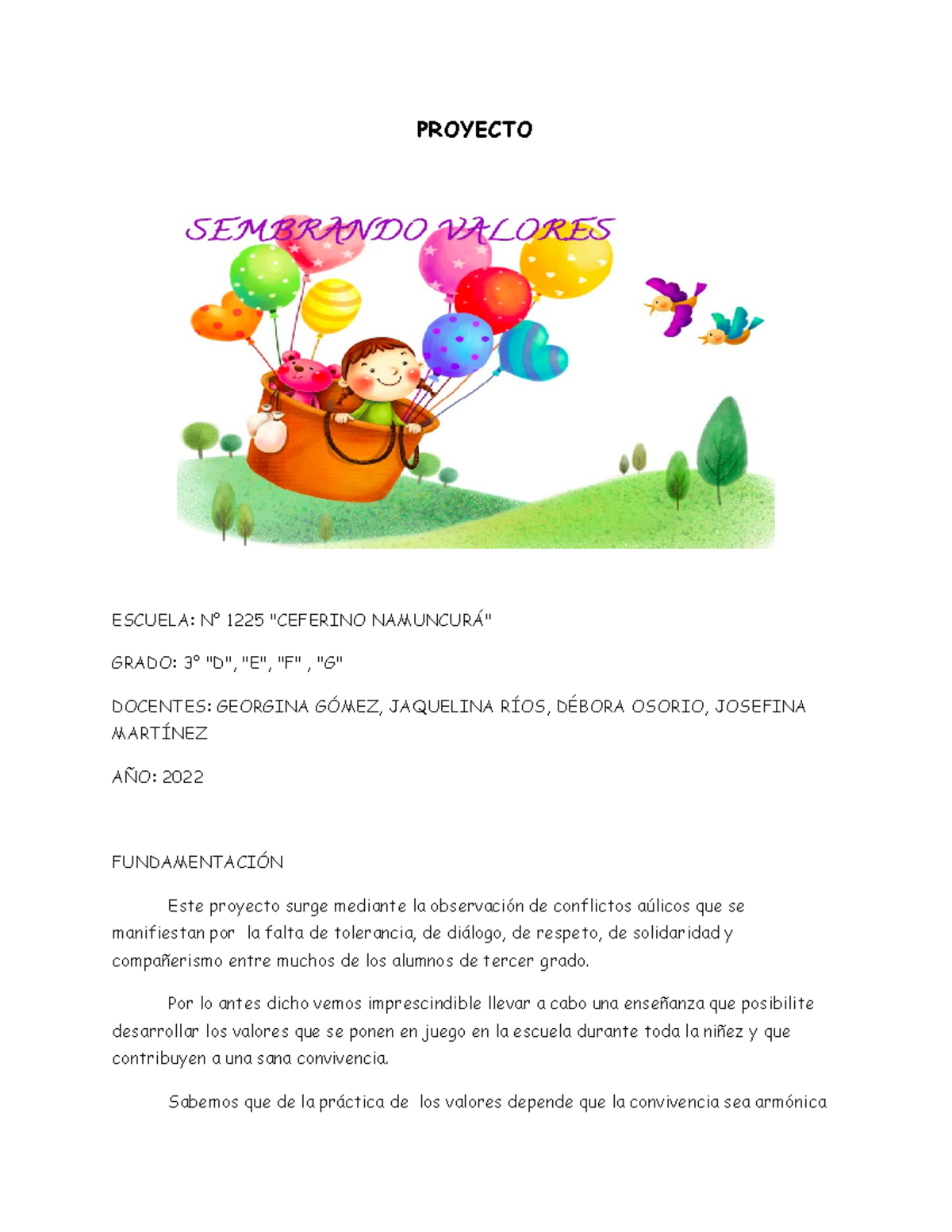 Sembrando Valores: Proyecto Educativo para Tercer Grado 1225 - Studocu