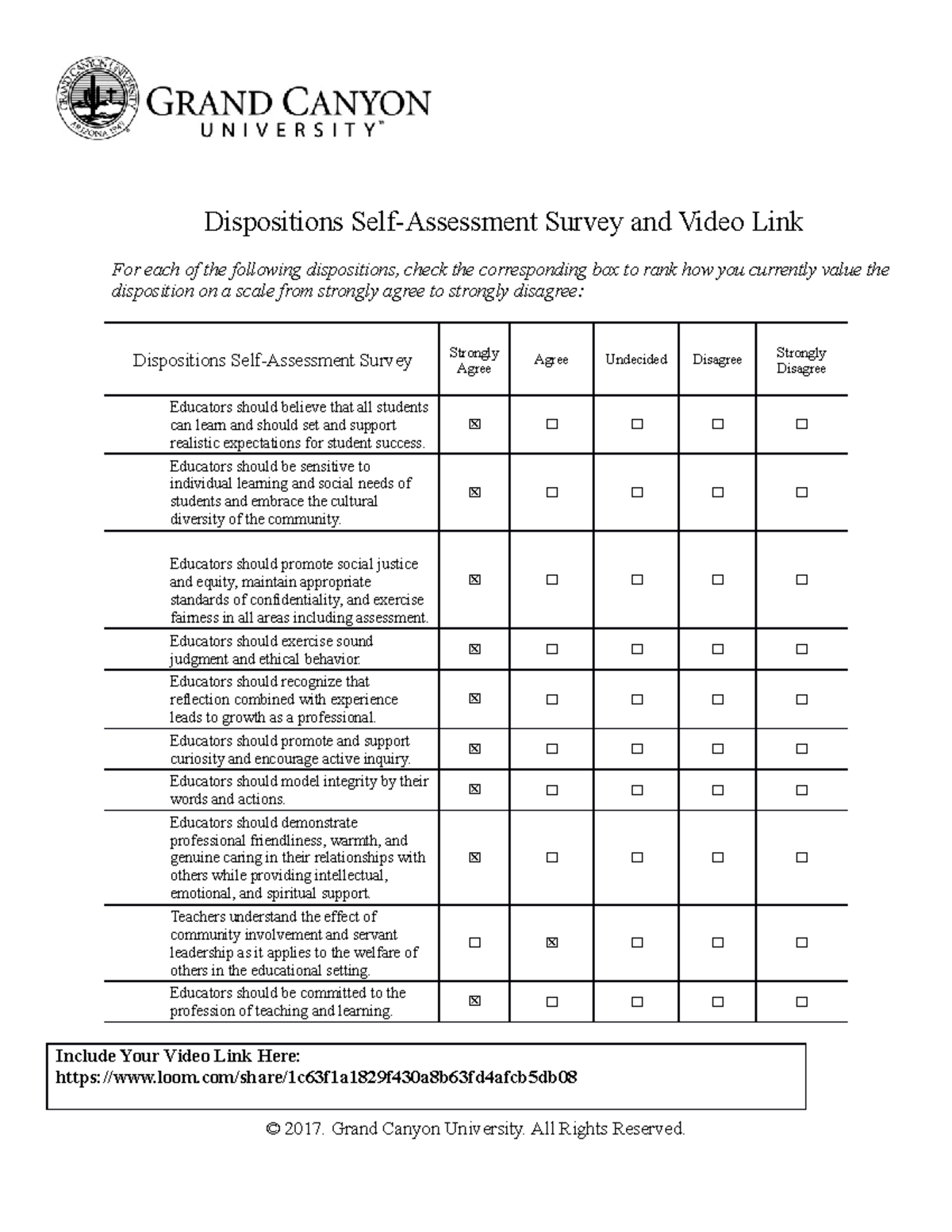Dispositions Self-Assessment Survey with Video Link for Educators - Studocu