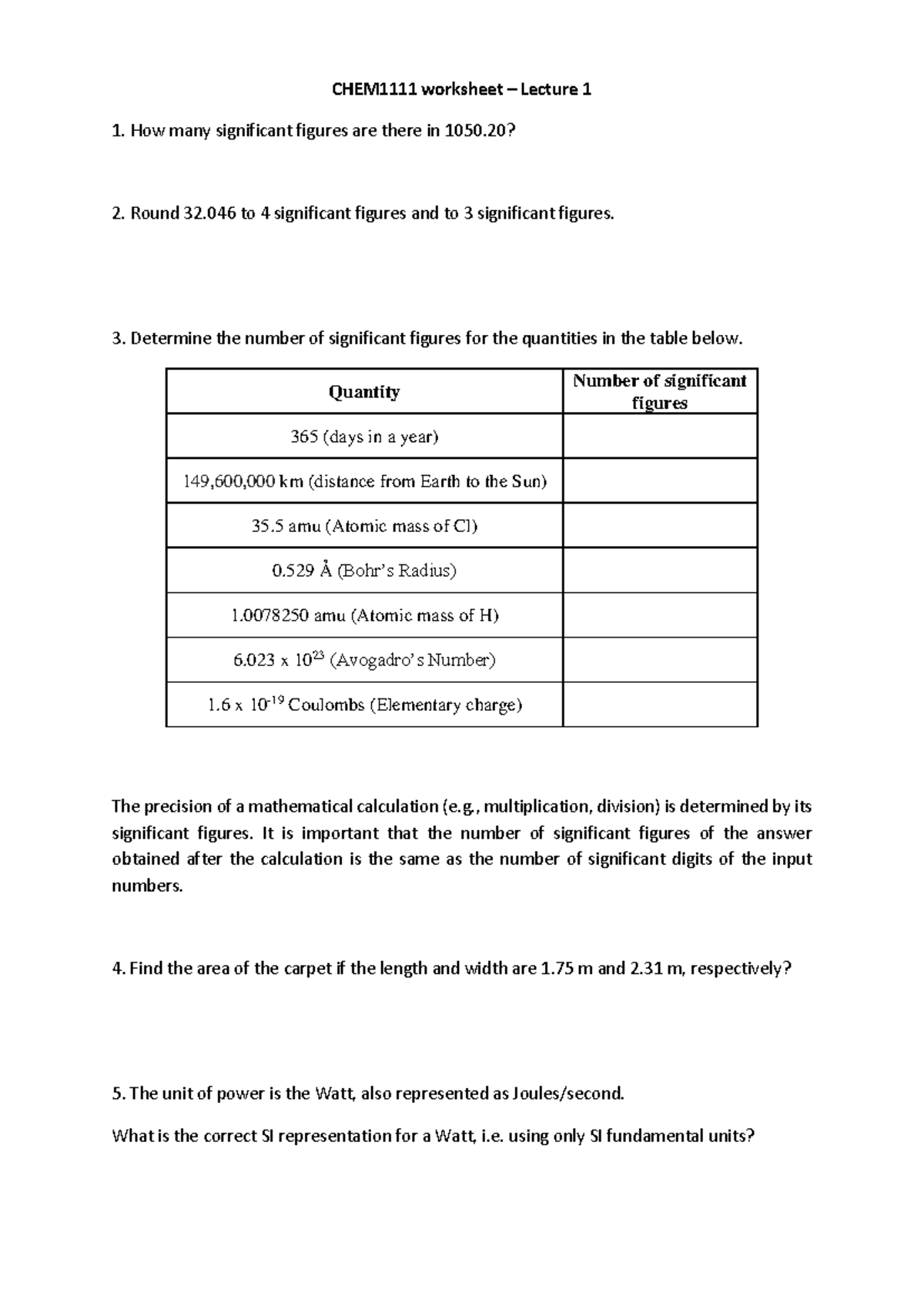 Worksheet 01 - Lecture 1: Significant Figures & Calculations - Studocu
