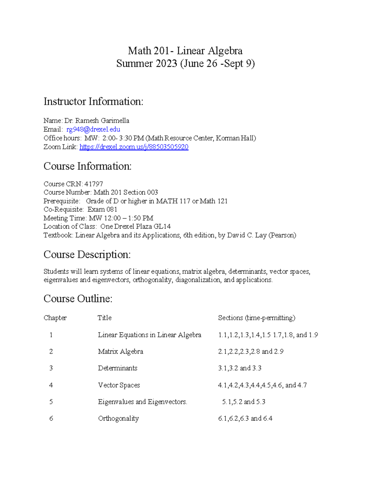 Math 201 Syllabus: Linear Algebra Course Overview for Summer 2023 - Studocu