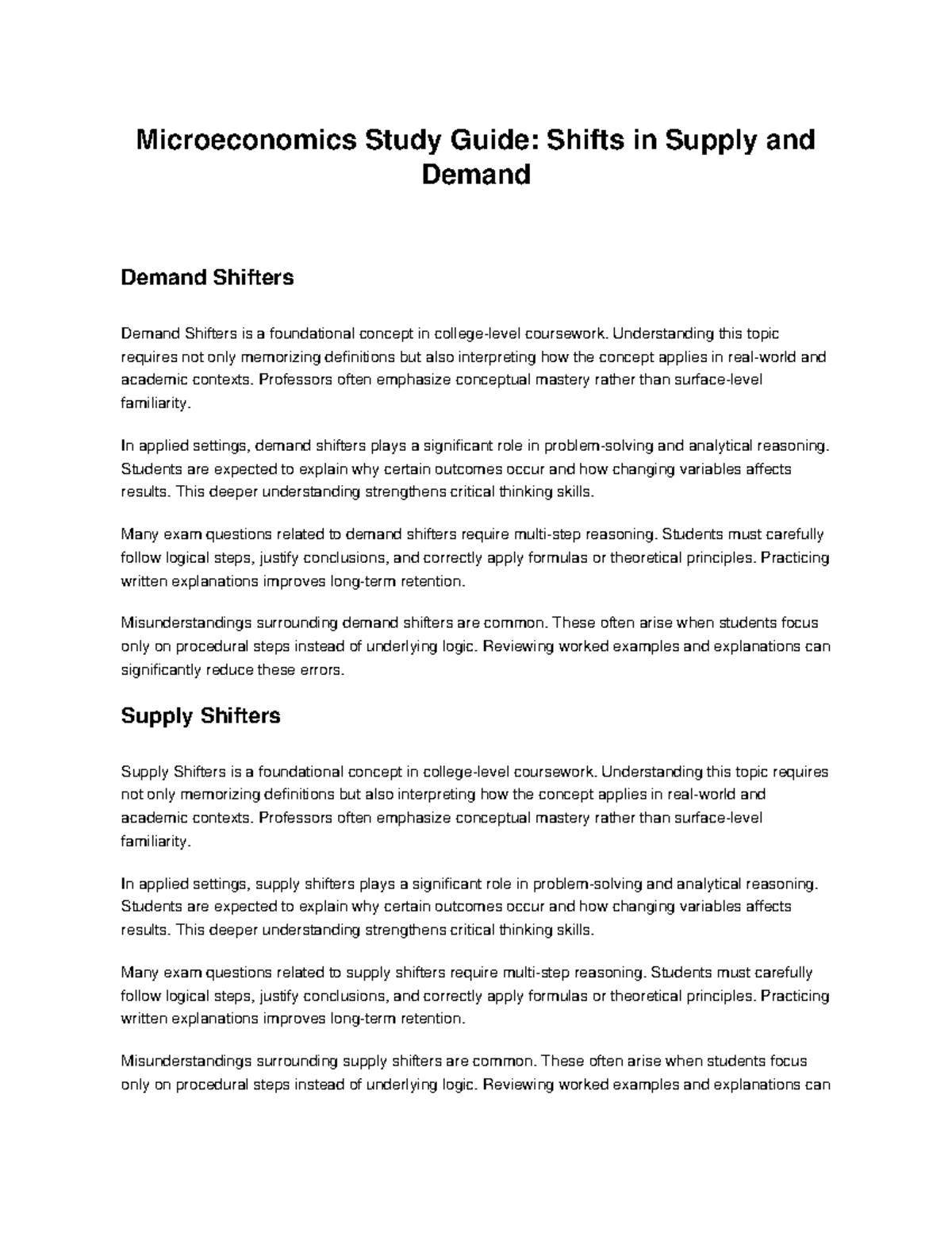 Microeconomics Study Guide: Demand and Supply Shifters Analysis - Studocu