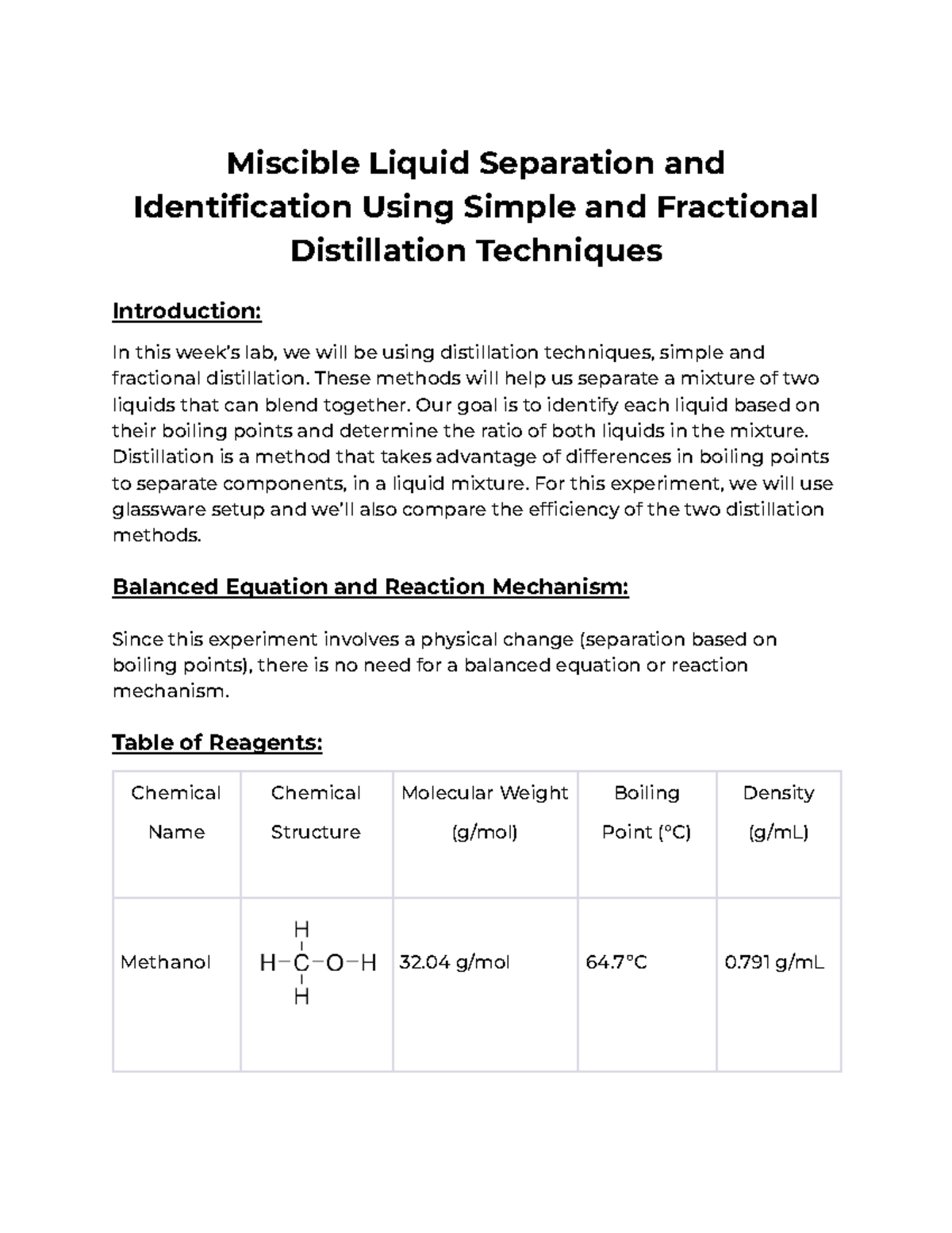 CHEM2211L-Distillation Lab Report: Simple vs. Fractional Techniques ...