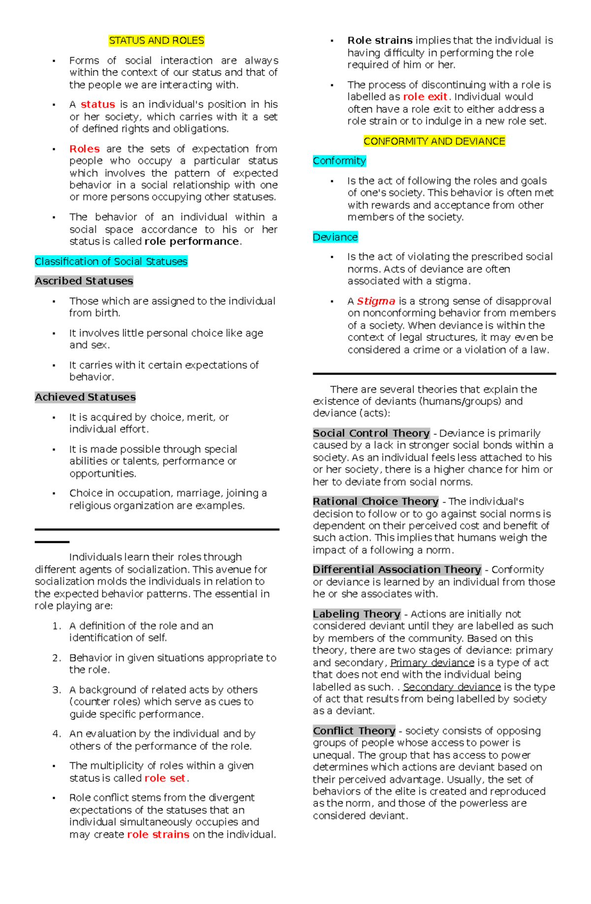 Status and Roles Handout - STATUS AND ROLES Forms of social interaction ...
