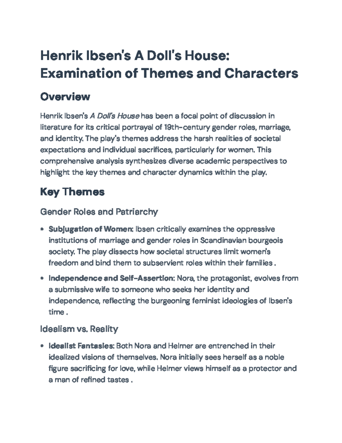 Course Analysis of Themes and Character Dynamics in Ibsen's A Doll's ...