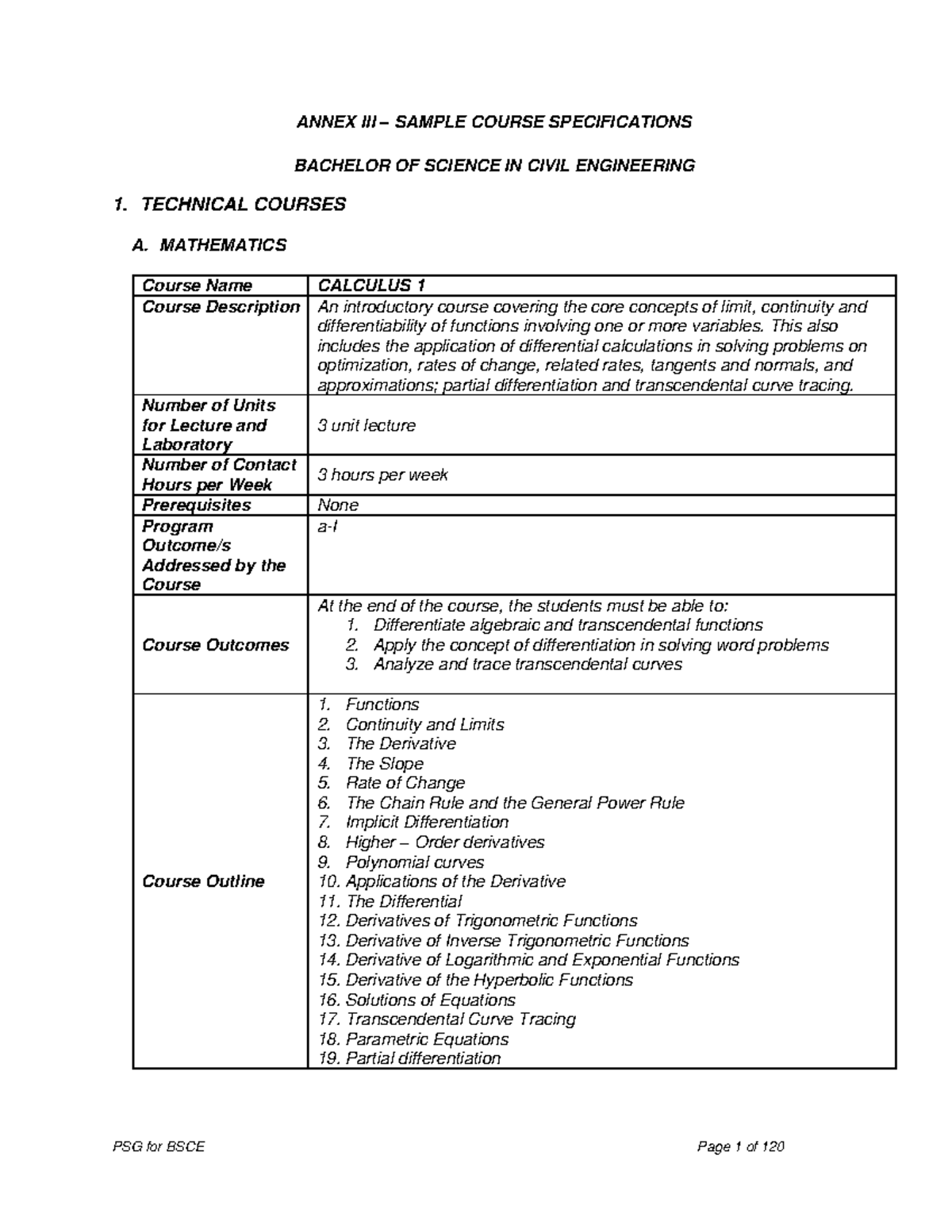 Annex III BSCE Course Specifications Overview - October 2023 - Studocu
