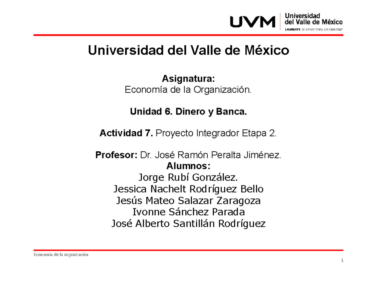 Actividad 7. Proyecto Integrador Etapa 2 - Universidad del Valle de México Asignatura: Economía ...