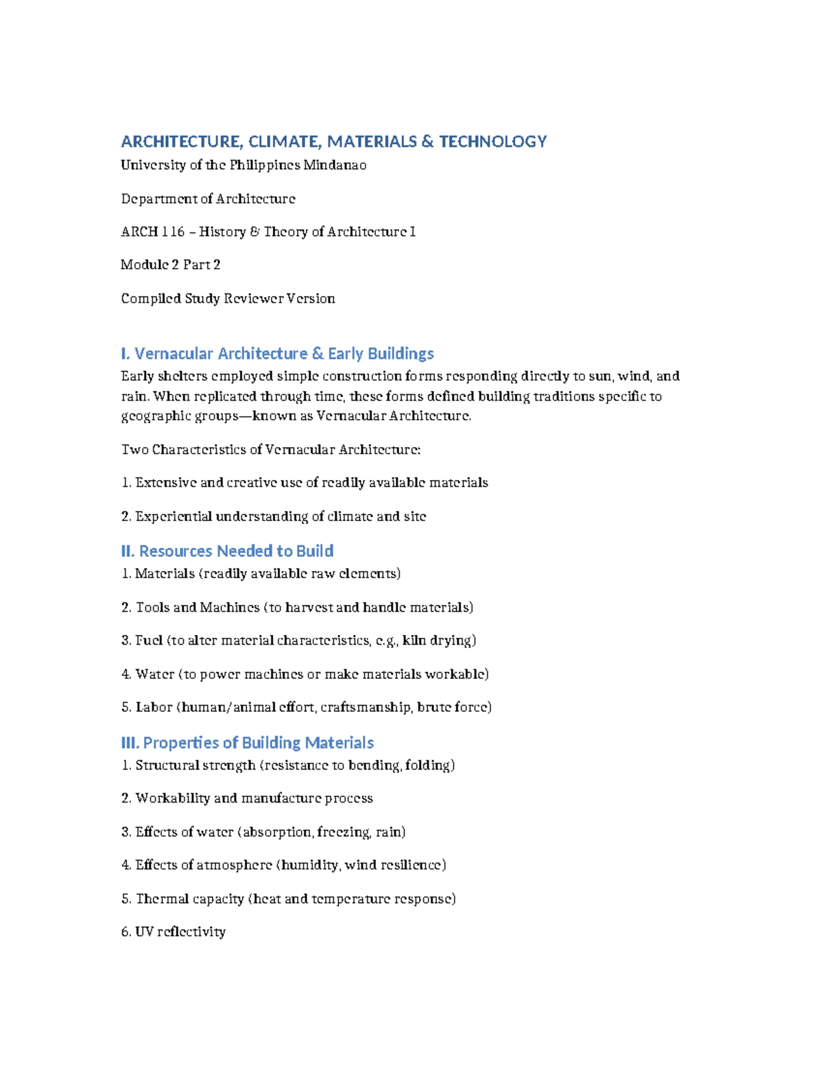 ARCH 116 Final Exam Reviewer: Vernacular Architecture & Materials - Studocu