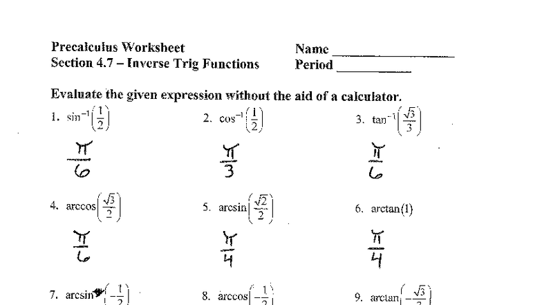 Precalculus Worksheet: Inverse Trig Functions (U2L6 Answer Key) - Studocu