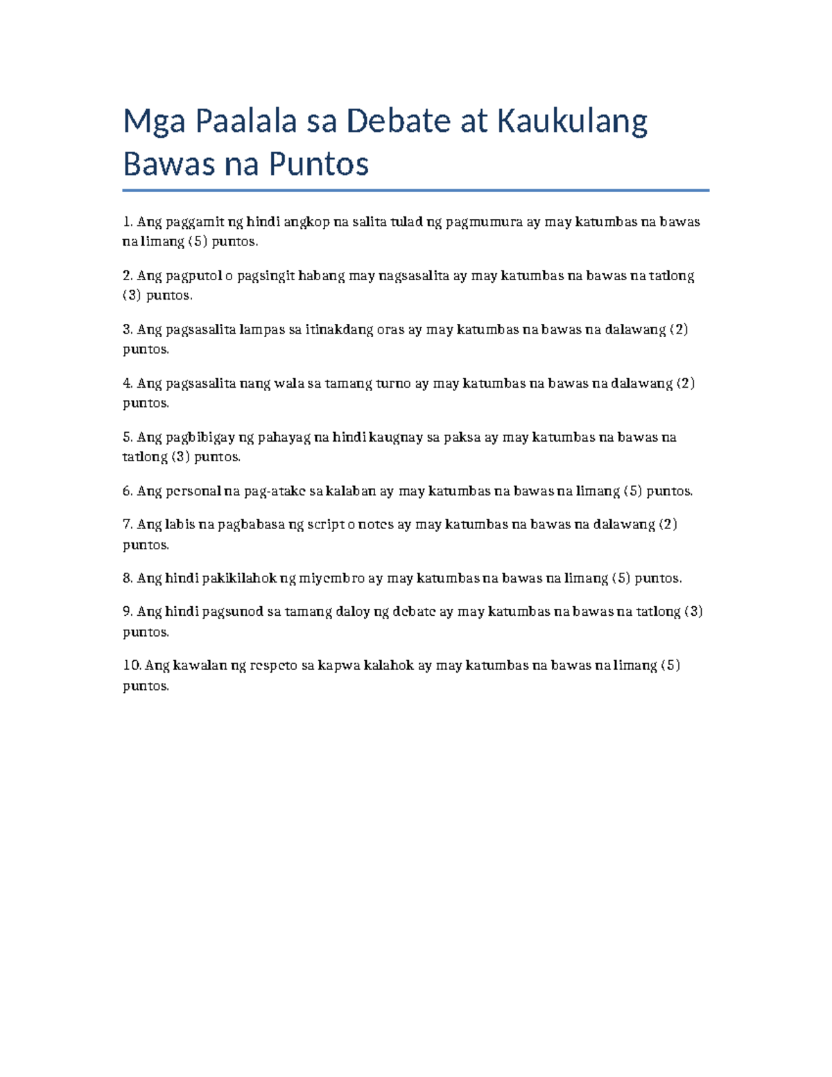 Mga Paalala sa Debate: Gabay para sa Baitang 9 - Studocu