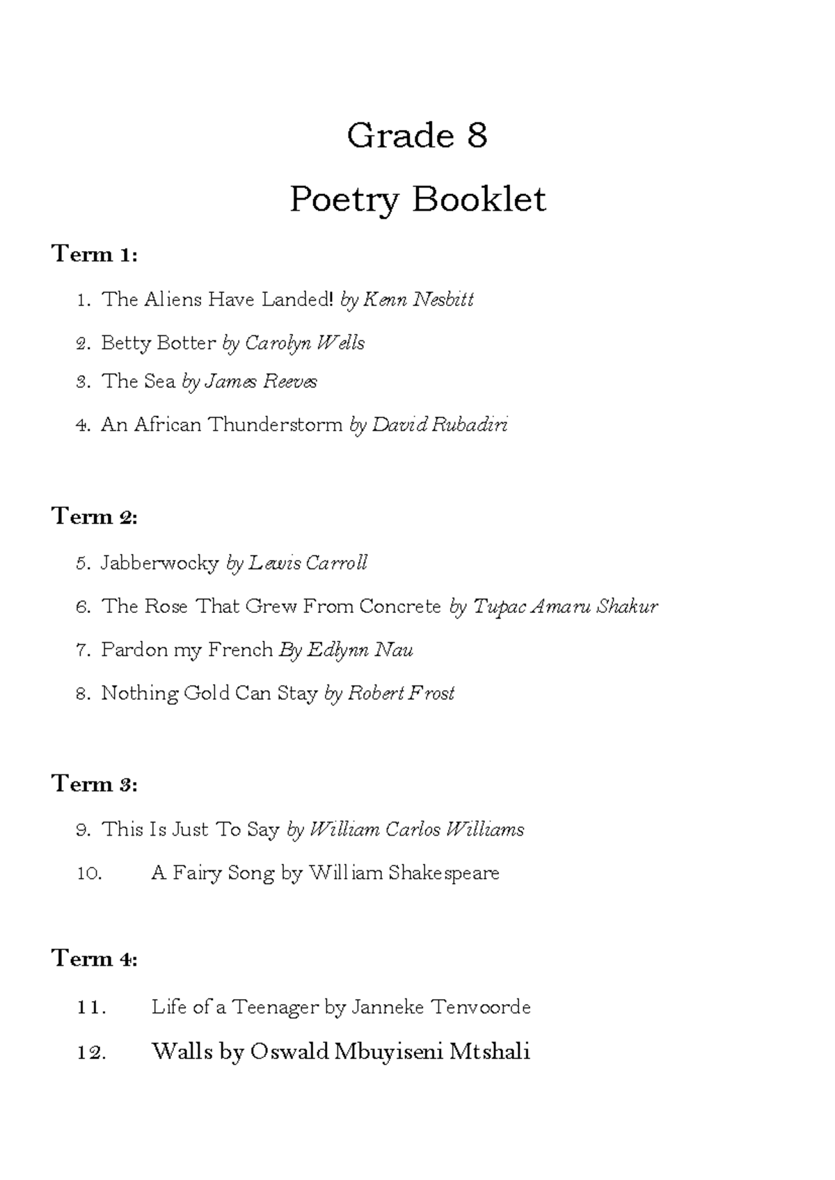 Grade 8 Poetry Booklet 2021: Analyzing Classic Poems and Activities ...