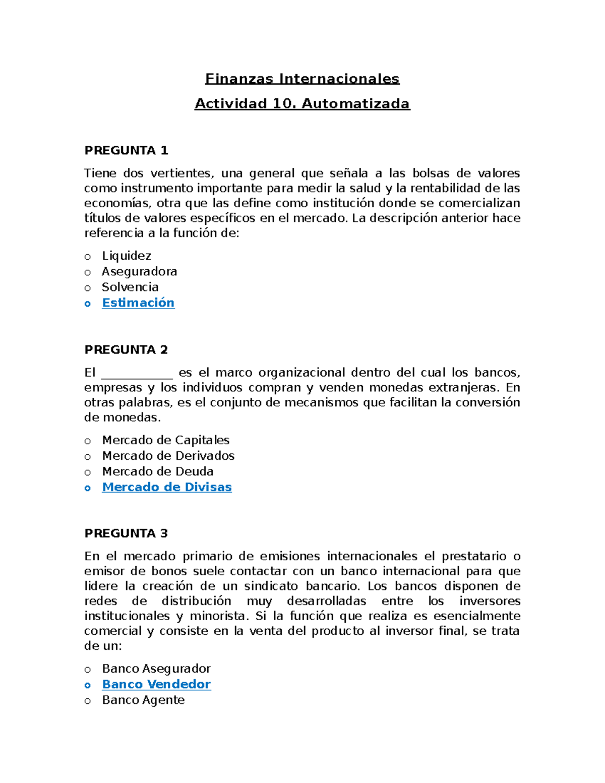 Actividad 10: Preguntas Automatizadas en Finanzas Internacionales - Studocu