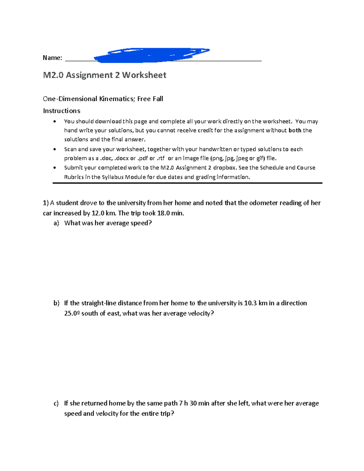 M2.0 Assignment 2 Worksheet: Free Fall & Motion Problems - Studocu