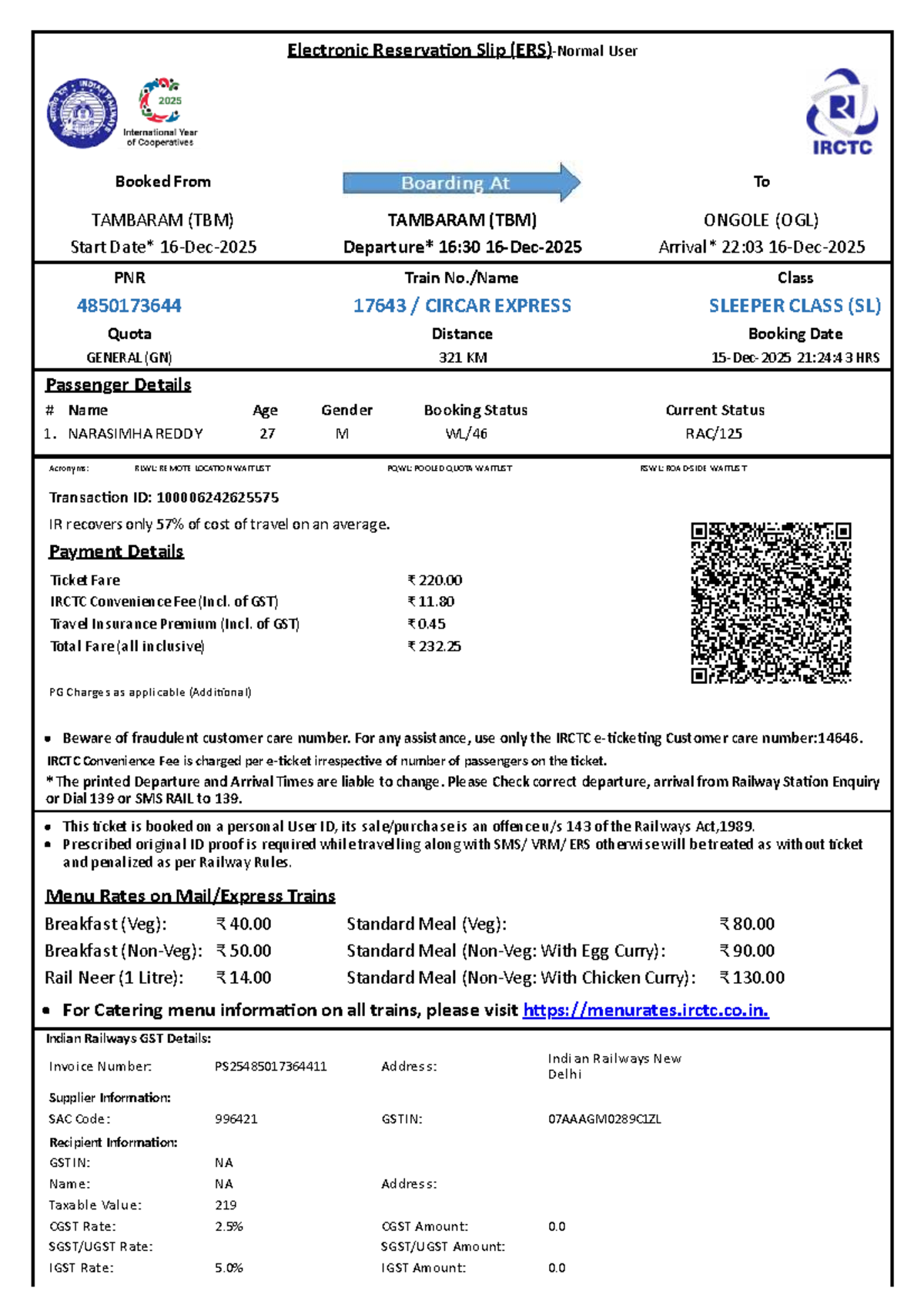 Electronic Reservation Slip for Train 17643 - TAMBARAM to ONGOLE - Studocu