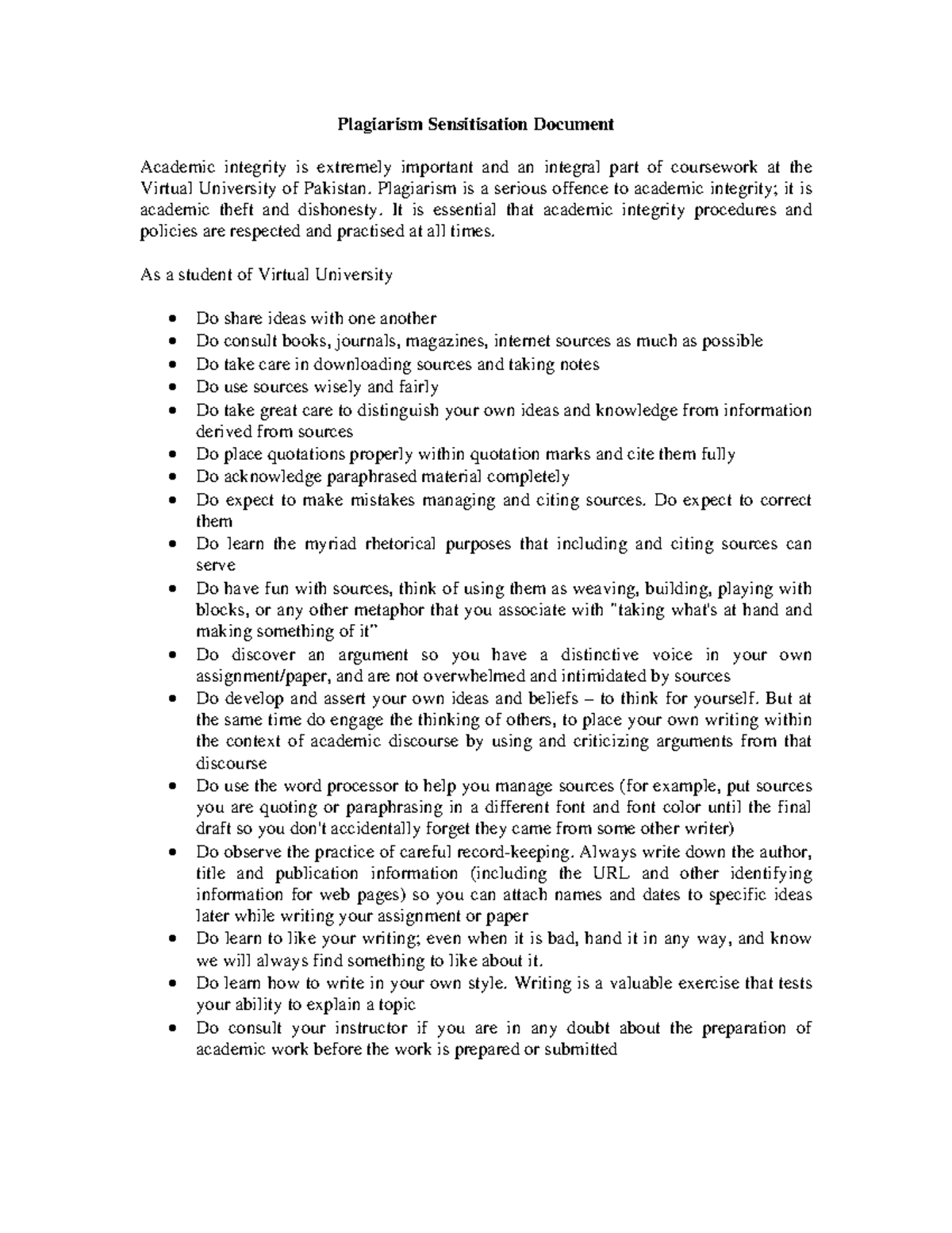 Plagiarism Sensitization Guide for Academic Integrity at VUP - Studocu