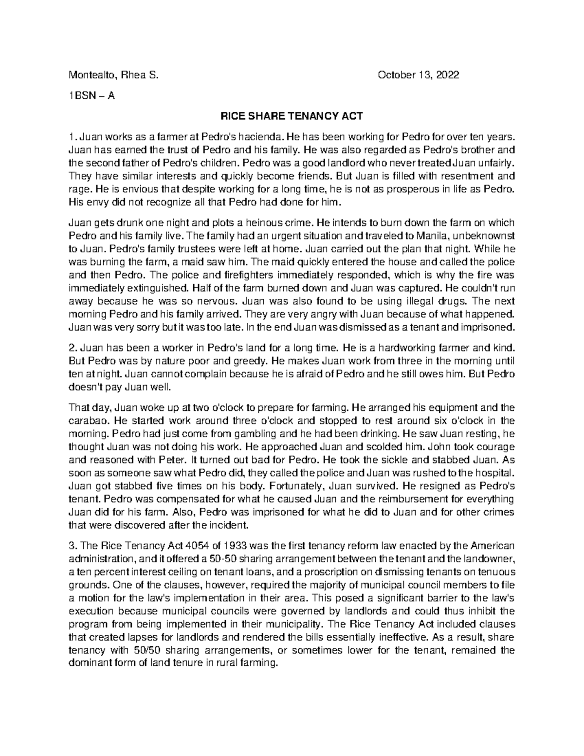 RICE Share Tenancy ACT - Montealto, Rhea S. October 13, 2022 1BSN – A ...