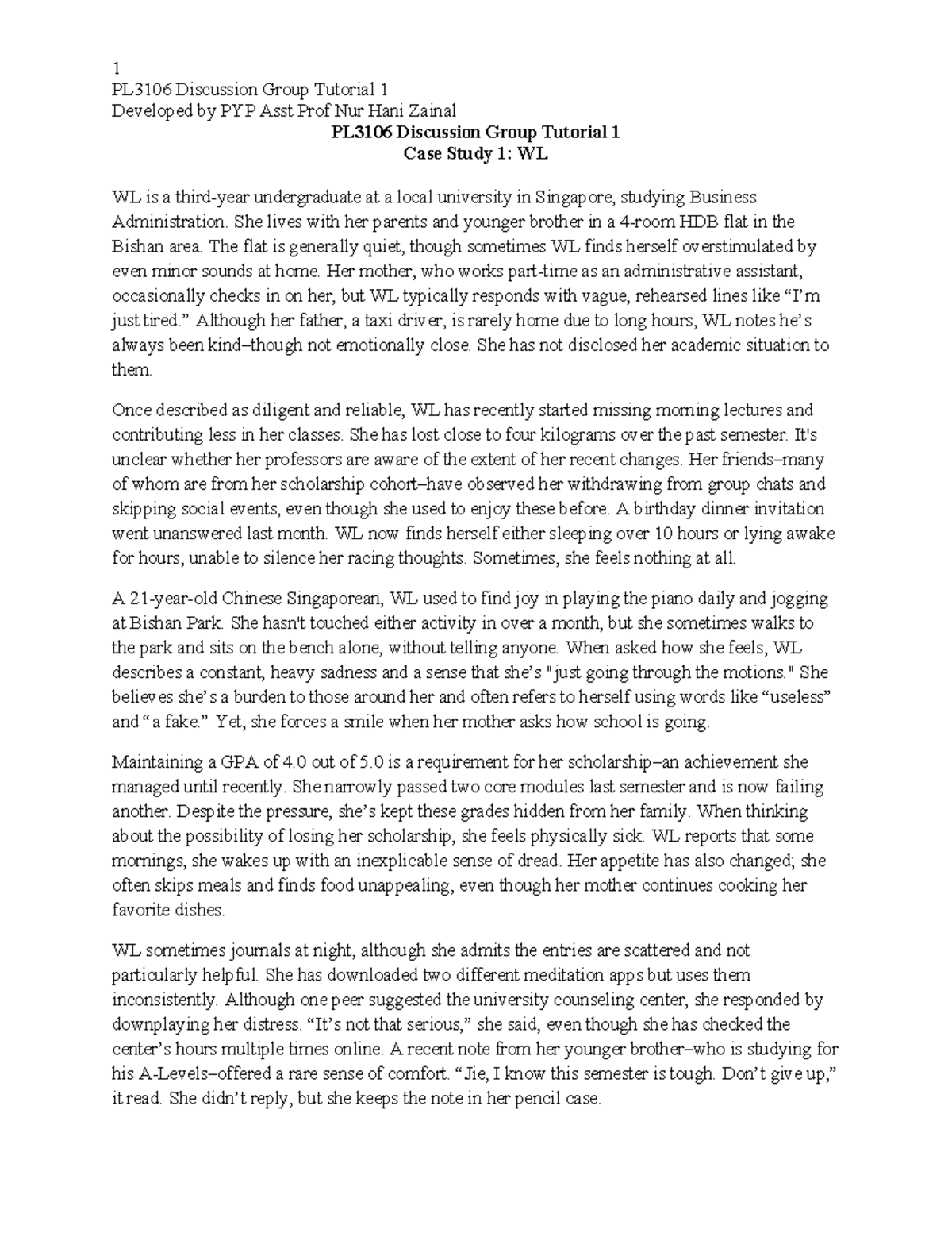 PL3106 Discussion Group Tutorial 1: Case Study on WL's Struggles - Studocu