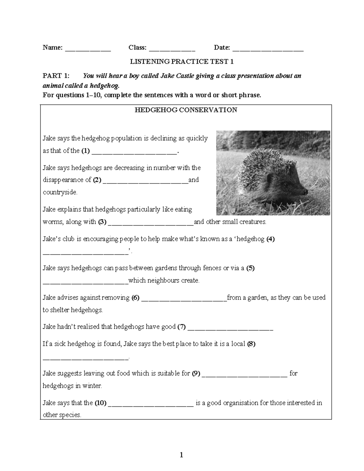 Listening Exam Practice: Hedgehog Conservation Insights - Studocu