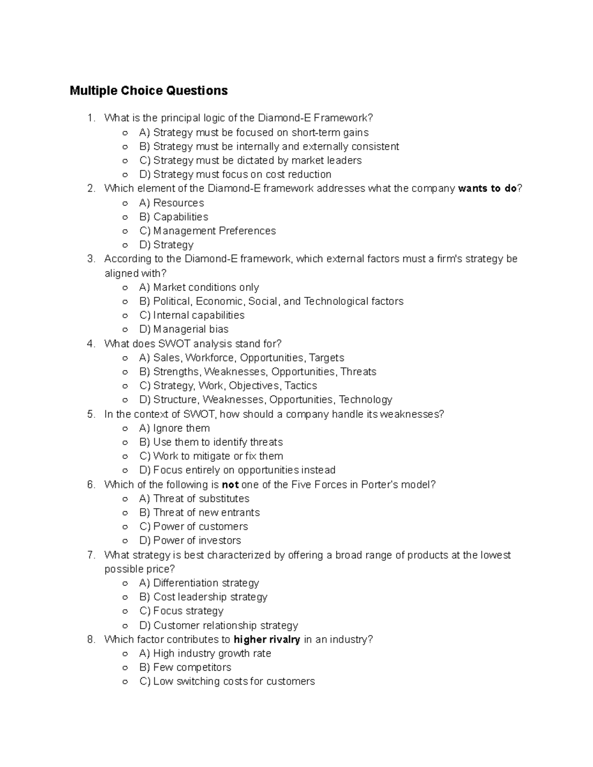 BU111 Mock Midterm Exam: Strategic Framework & Analysis Questions - Studocu