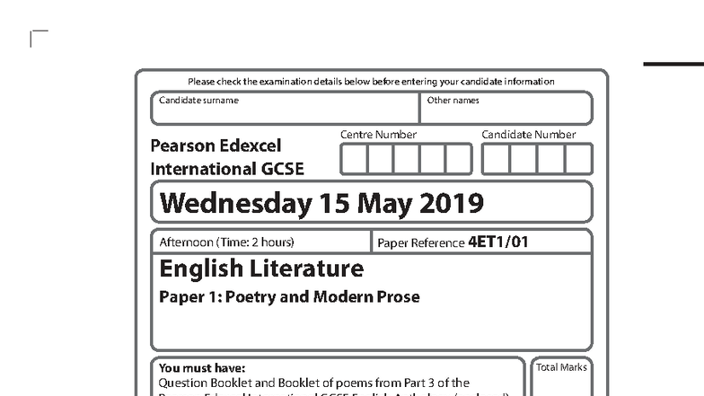 Edexcel International GCSE English Literature Exam Paper 1: Poetry ...