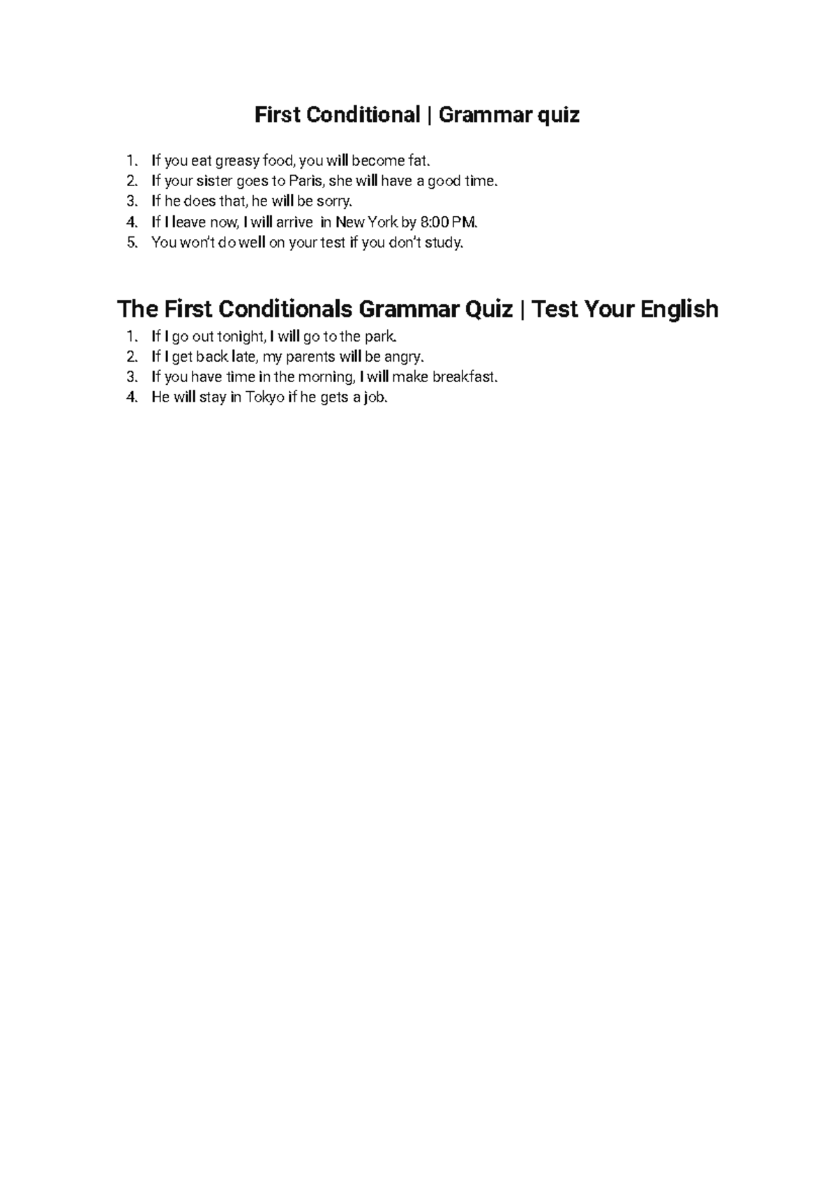 First Conditional Grammar Quiz Extra Practice Exercises - Studocu