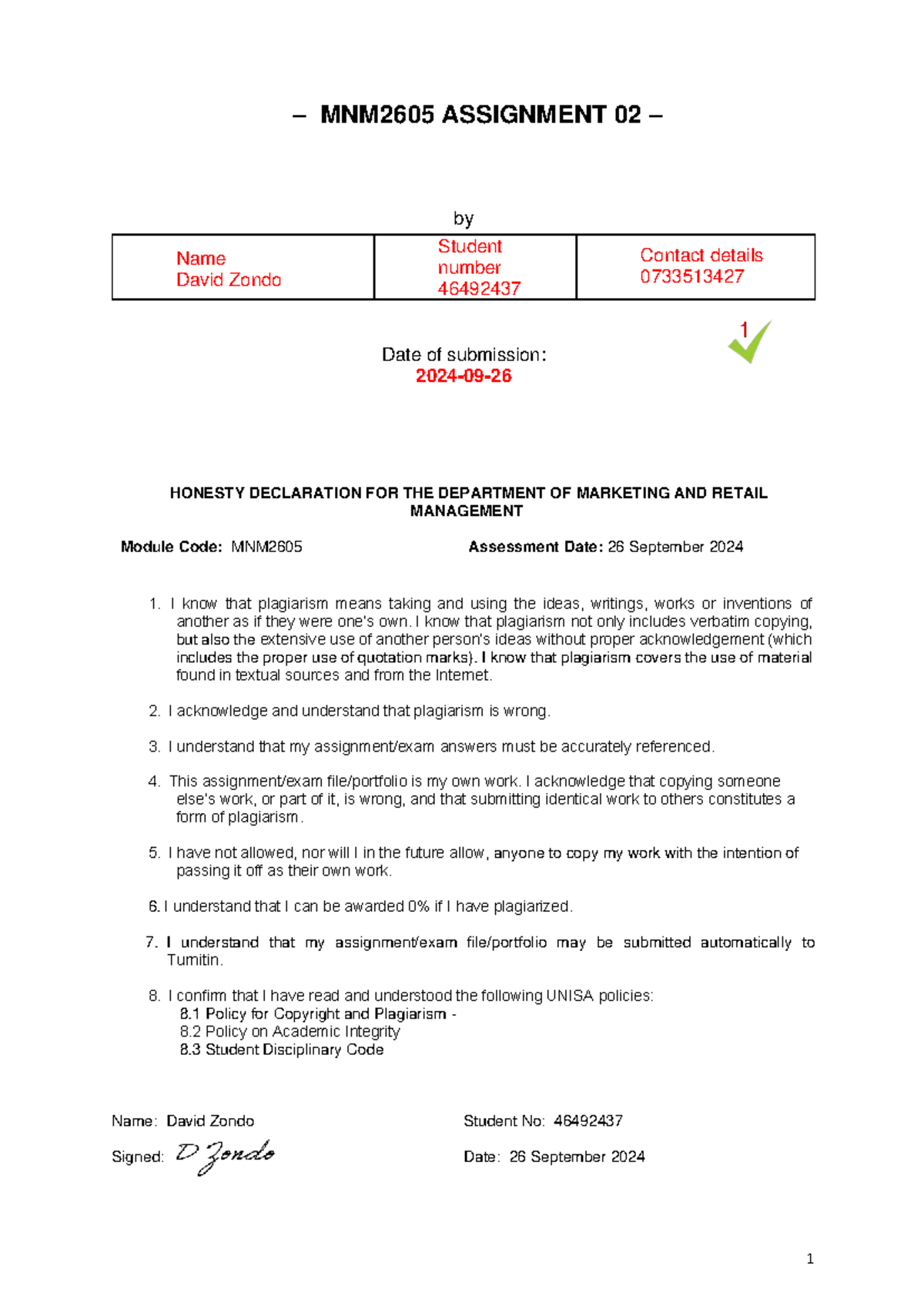 Marked Tutorial - MNM2605 ASSIGNMENT 02 – by Name David Zondo Student ...