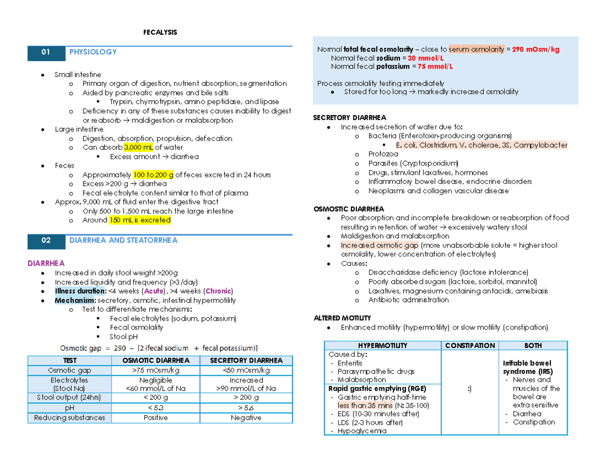 Fecalysis Summary Notes with Answer Key - FECALYSIS 01 PHYSIOLOGY Small ...