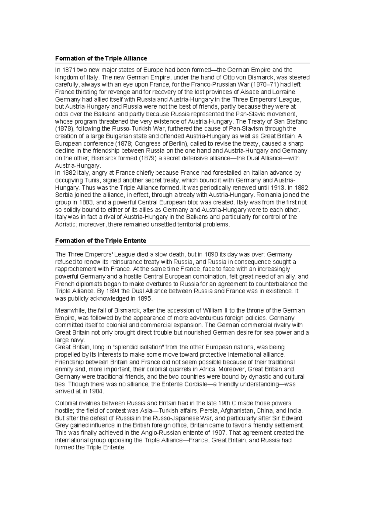Formation of the Triple Alliance and Entente Pre-WW1 Analysis - Studocu