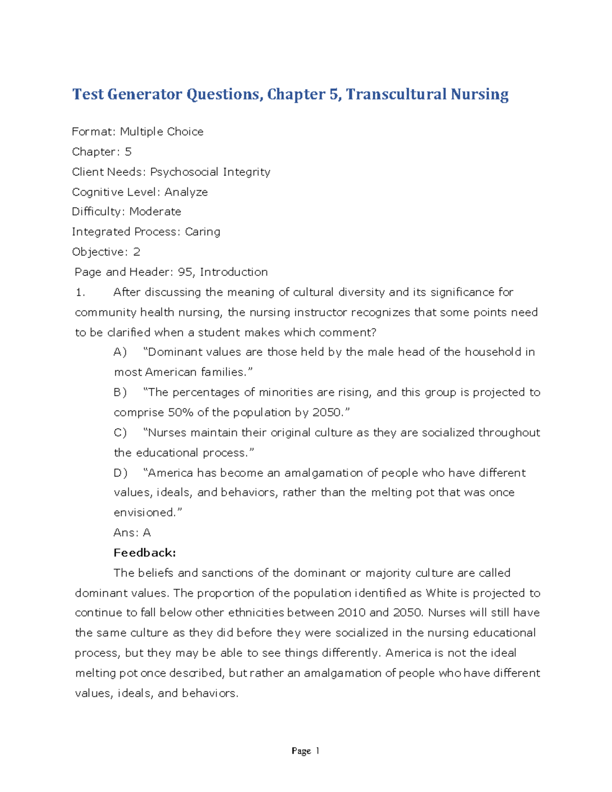 TG CH 05 - Practice Questions on Transcultural Nursing Concepts - Studocu