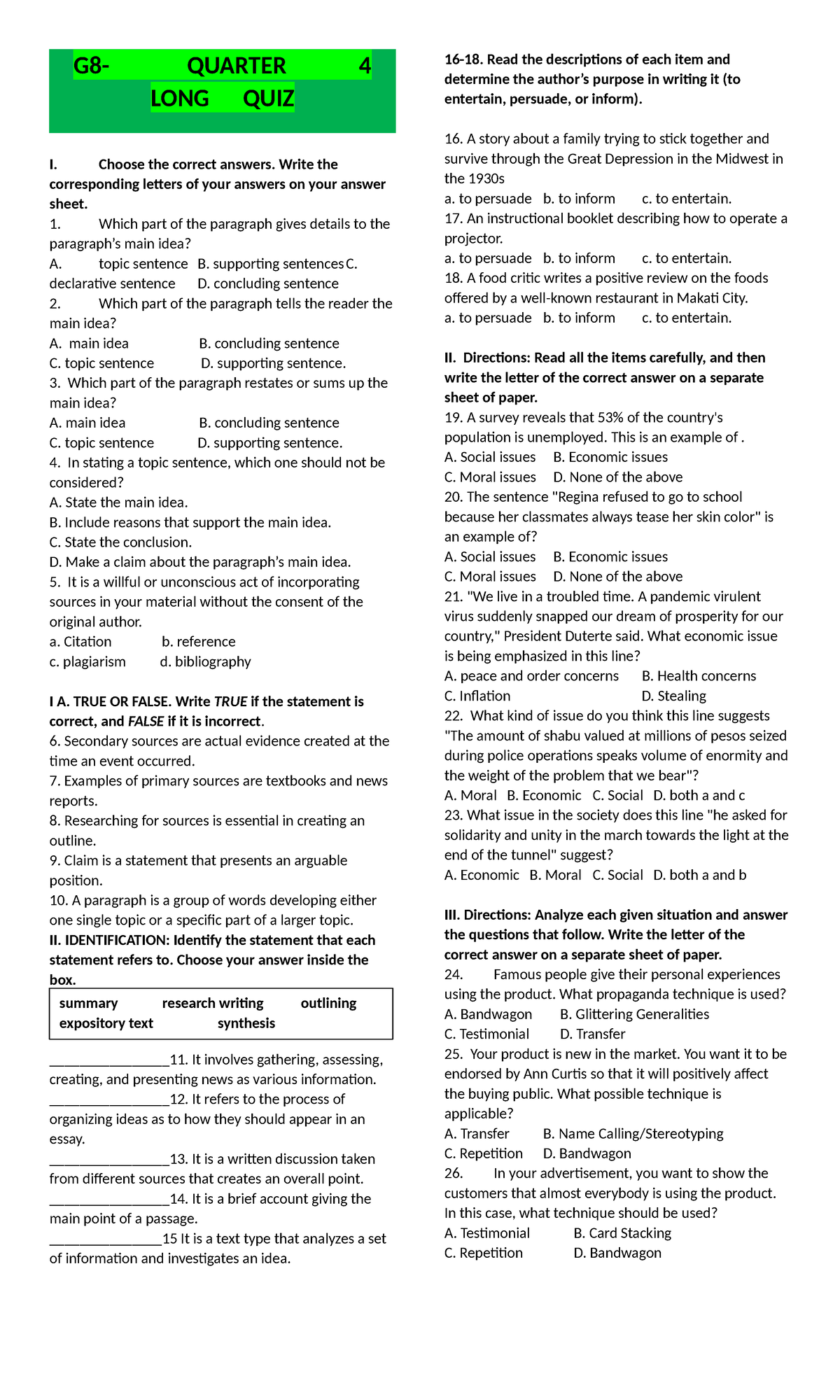 4TH QUARTER LONG QUIZ 4 ANSWER KEY & EXPLANATIONS - Studocu