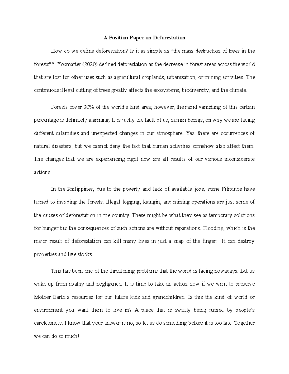 Position Paper on Deforestation: Impacts and Urgent Solutions - Studocu