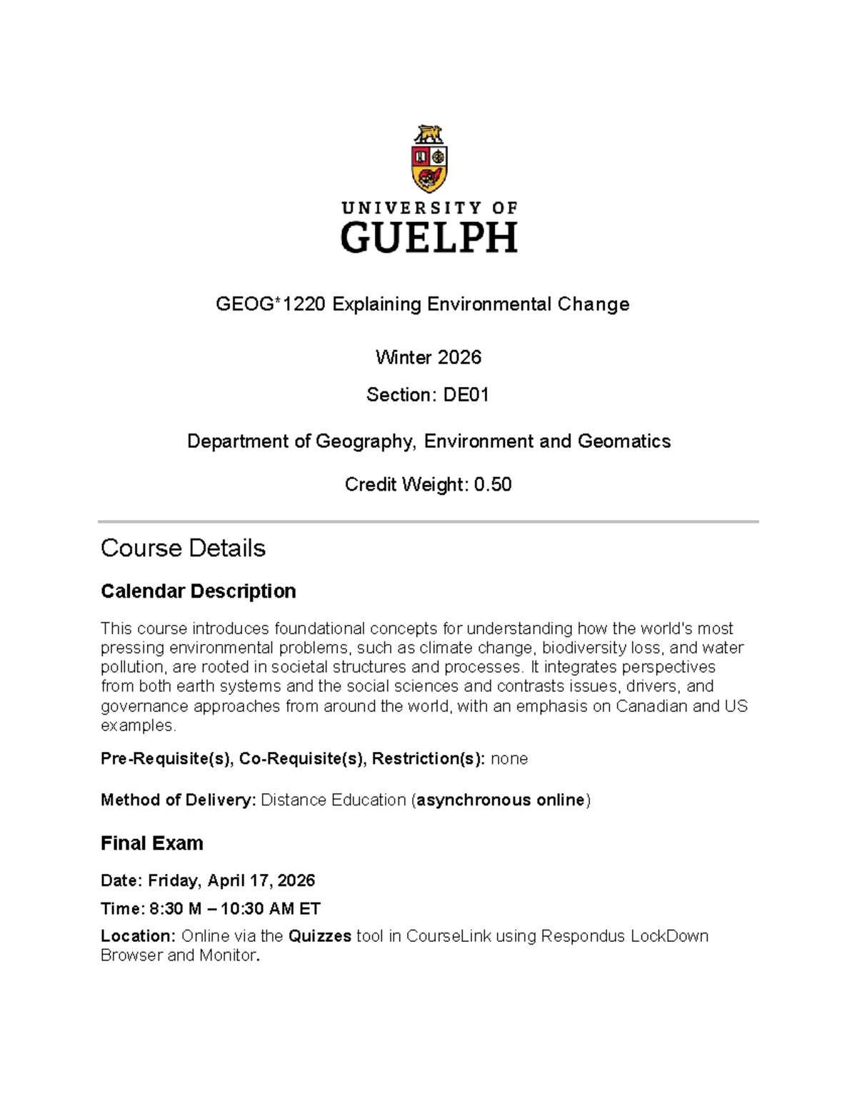 Outline for GEOG1220 DE01 W26: Understanding Environmental Change - Studocu