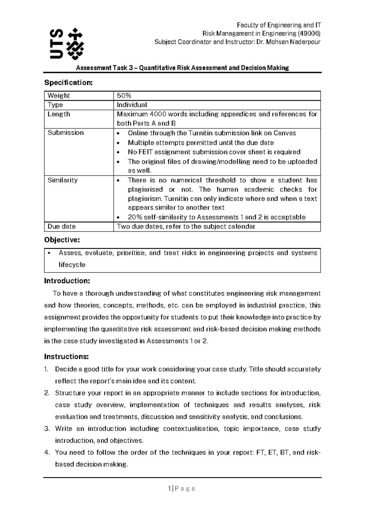 49006 - Assessment Task 3: Quantitative Risk Assessment & Decision ...