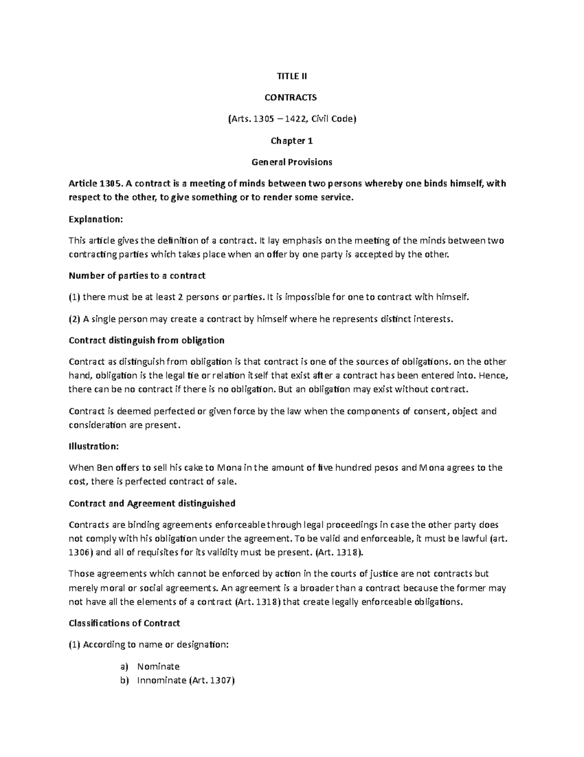 ARt. 1305 - Contracts - TITLE II CONTRACTS (Arts. 1305 – 1422, Civil Code) Chapter 1 General ...