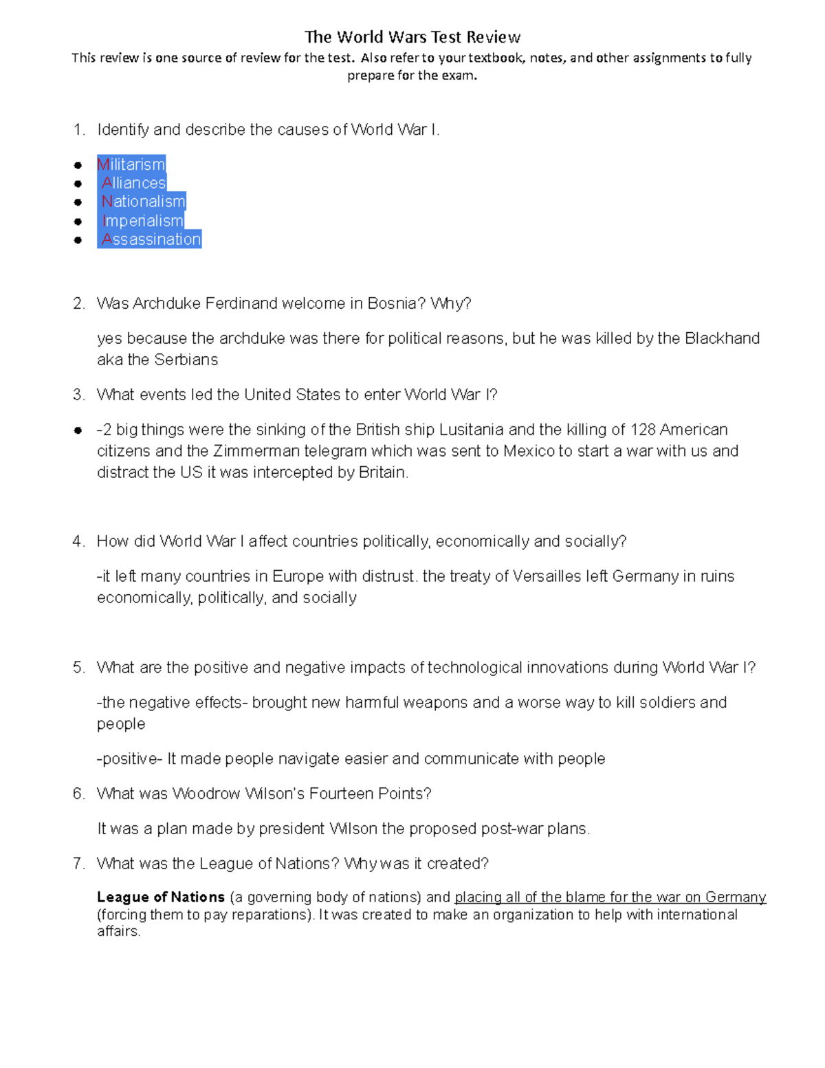 Unit 9 History Notes: WWI Test Review and Key Concepts - Studocu