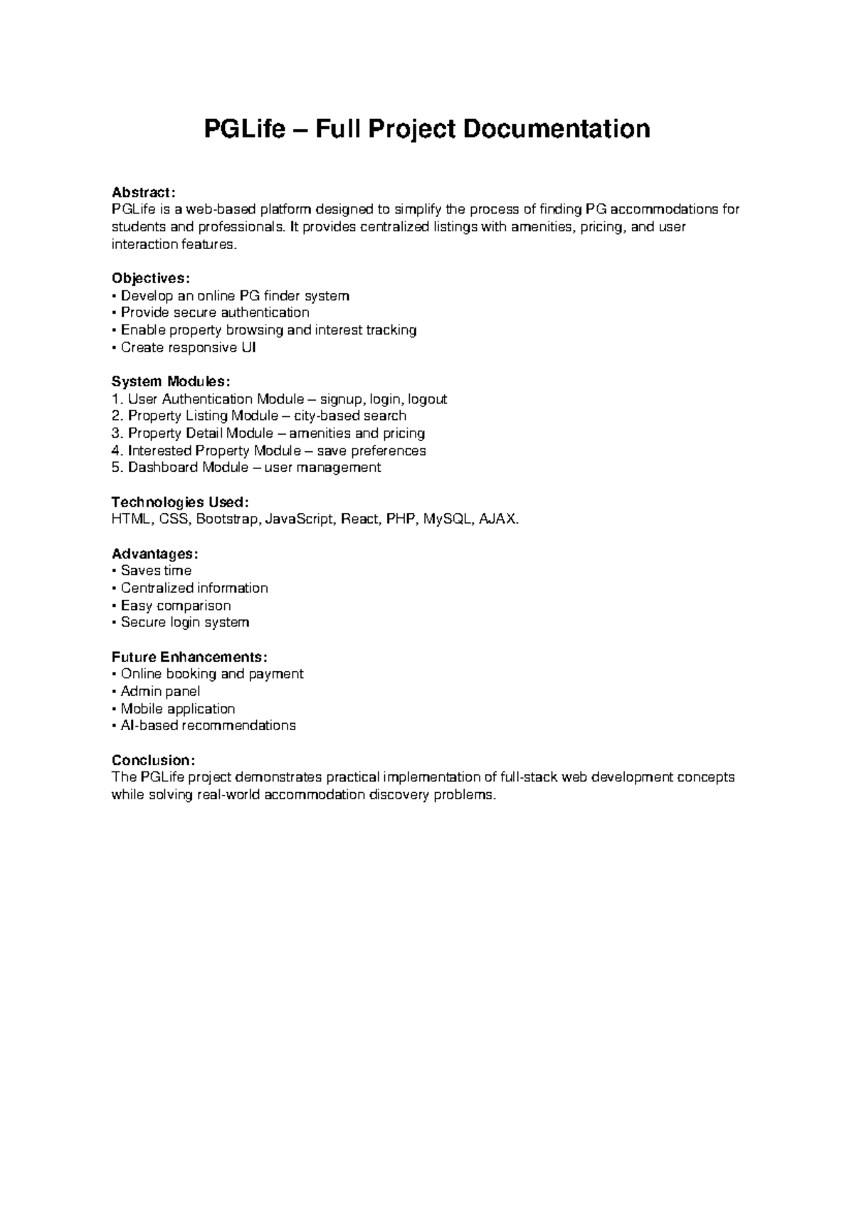 PGLife Project Documentation: Online PG Finder System Overview - Studocu