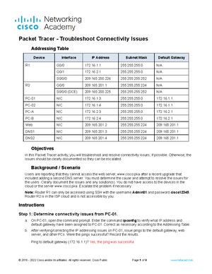 Week 9 Lab - Packet Tracer - Router Connection to a LAN - Addressing Table Device Interface IP ...