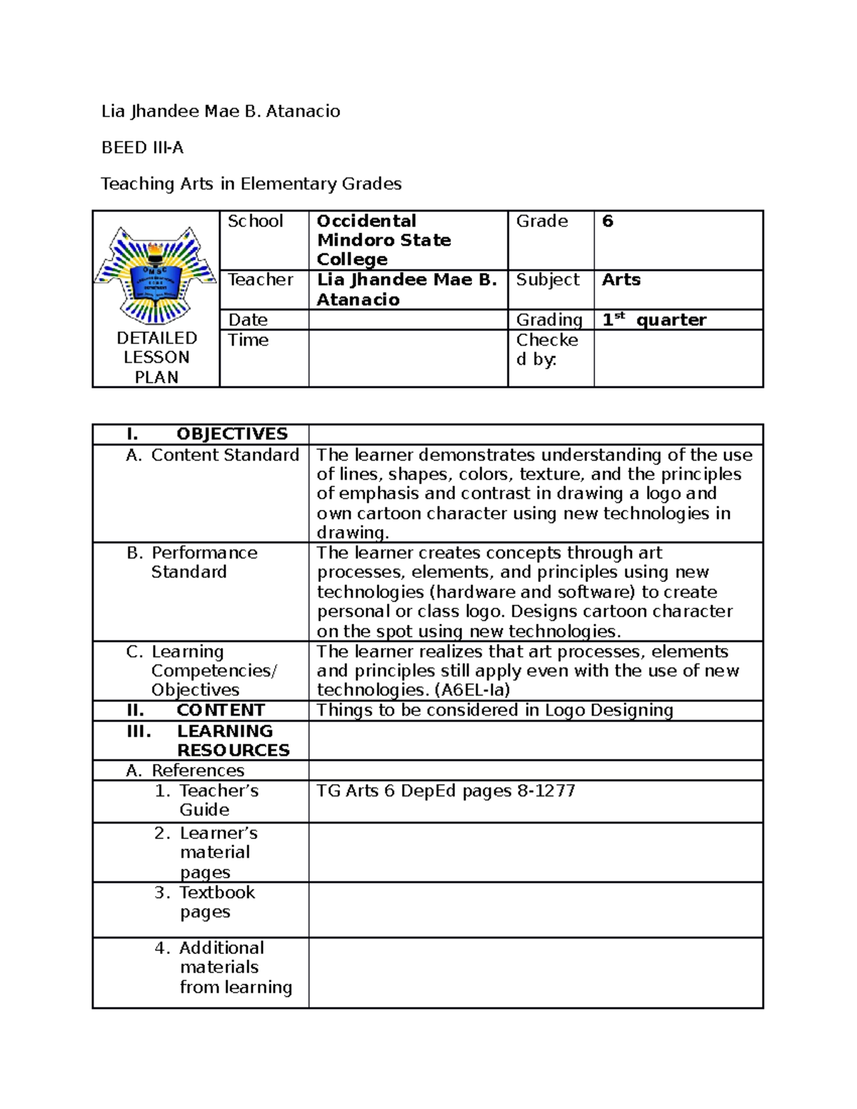 Detailed Lesson Plan in Arts for BEED III-A (Grade 6) - Studocu