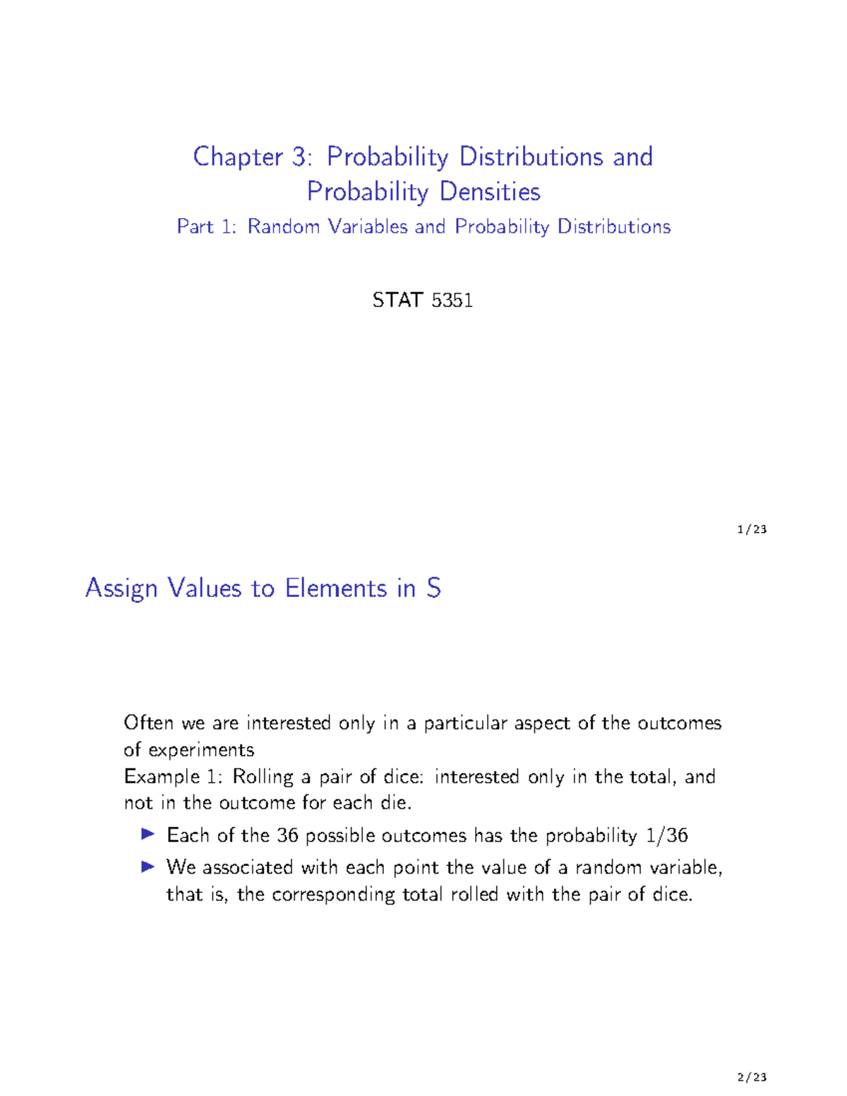 Chapter 3: Probability Distributions & Densities - Lecture Notes STAT ...