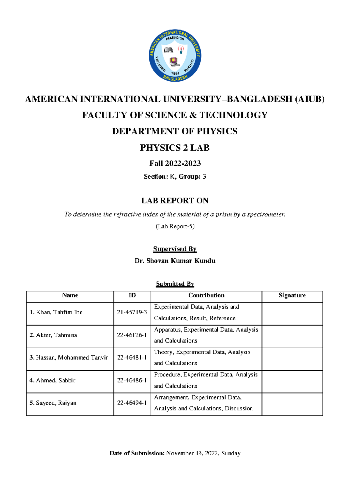 Lab Report on Determining Refractive Index of a Prism (PHYSICS 2 LAB ...