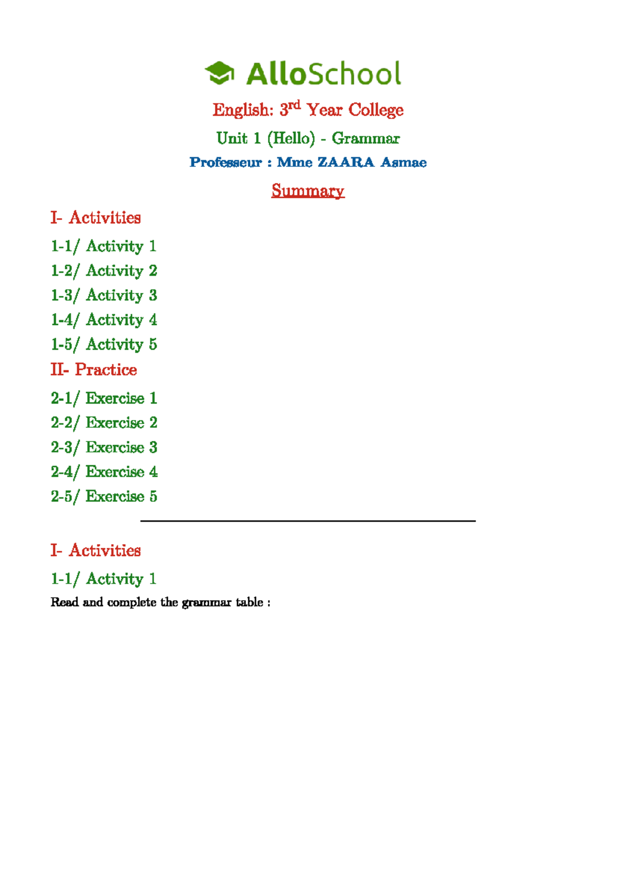 Unit 1 hello grammar - Activities Activity 1 Activity 2 Activity 3 ...
