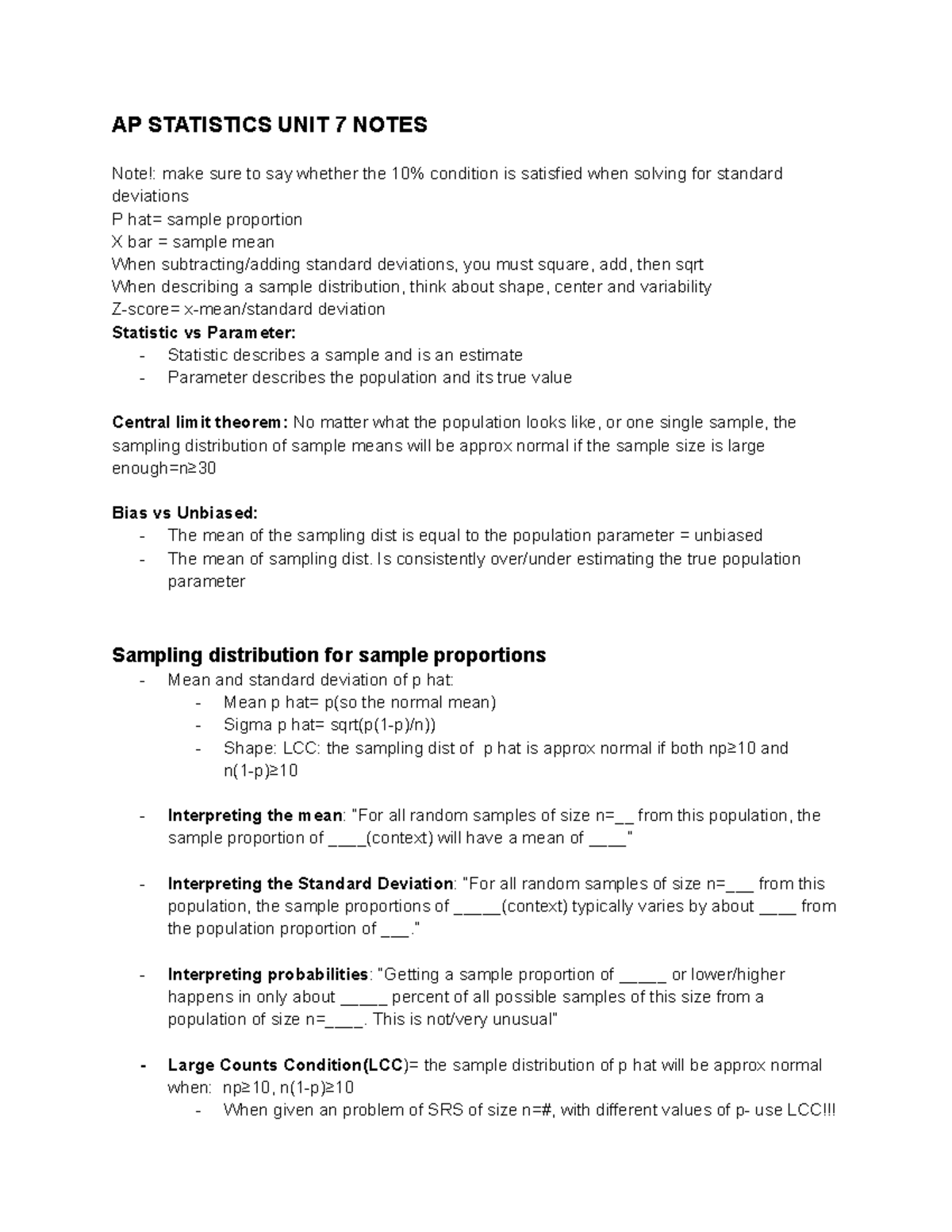 AP STATISTICS UNIT 7: Sampling Distributions & Standard Deviations ...