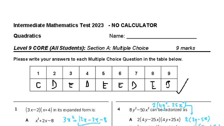 2023 Level 9 CORE Intermediate Mathematics Test: Quadratics - Studocu